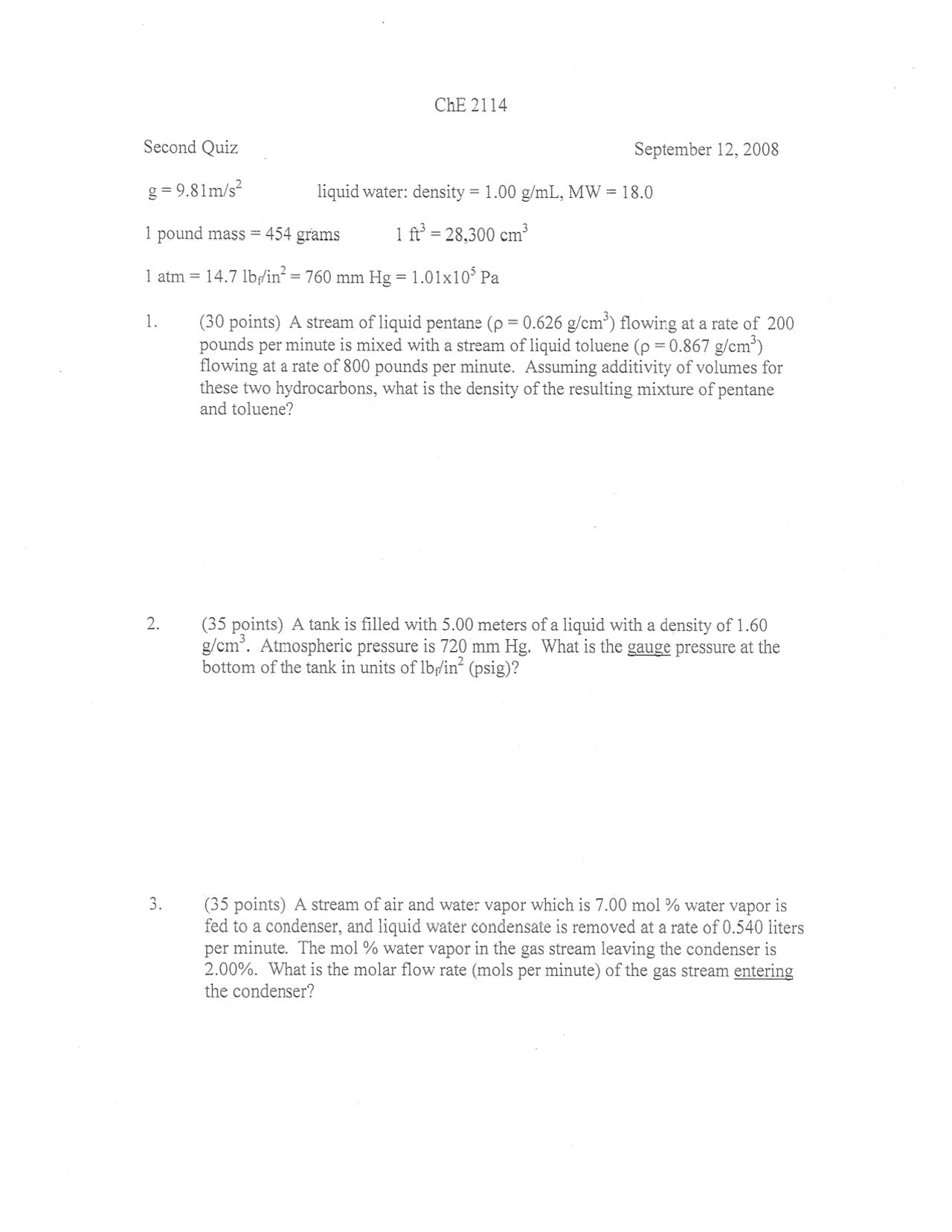 Mass And Energy Balances Solved Quiz 2 Che 2114 Docsity