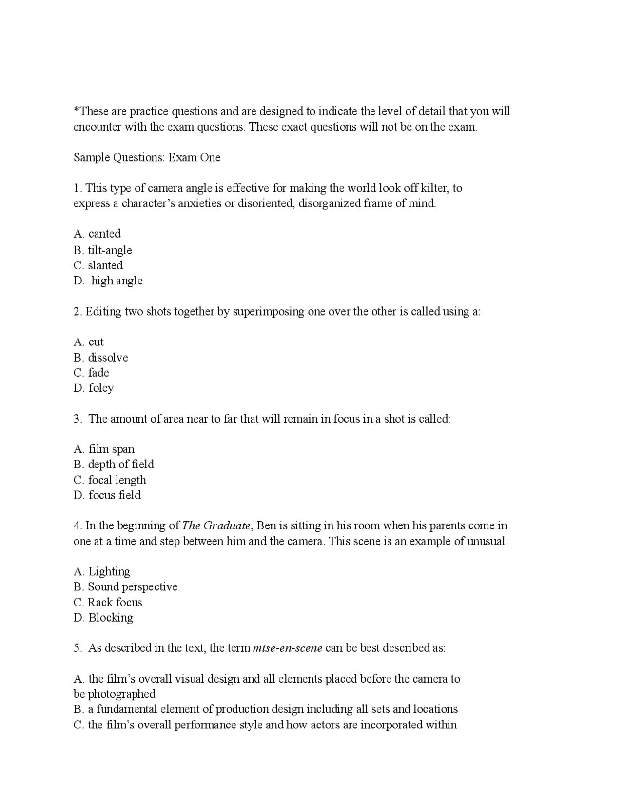 Sample Questions For Exam One Introduction To Film Comm 2054 Docsity