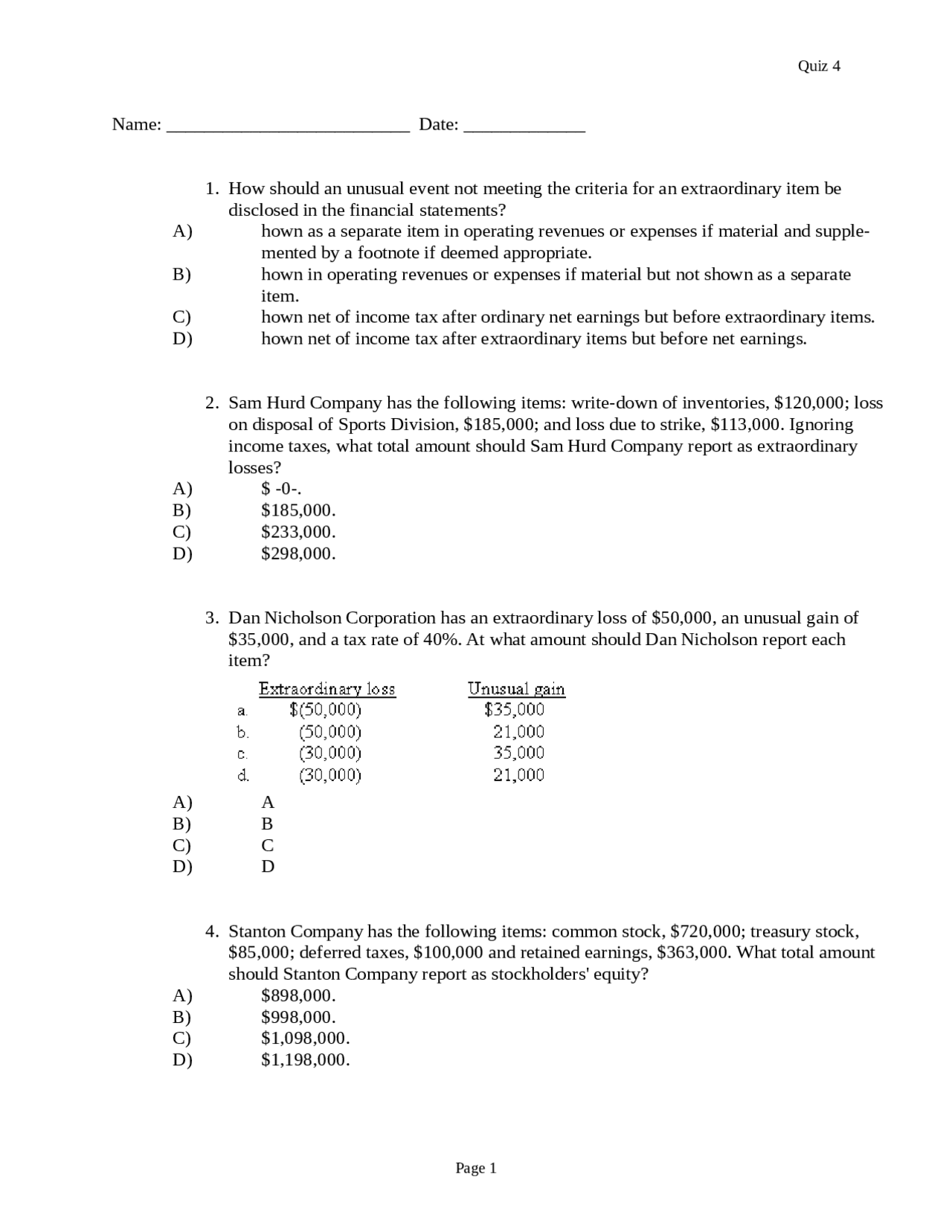 Practice Quiz 4 Intermediate Financial Accounting Acis 3115 Docsity