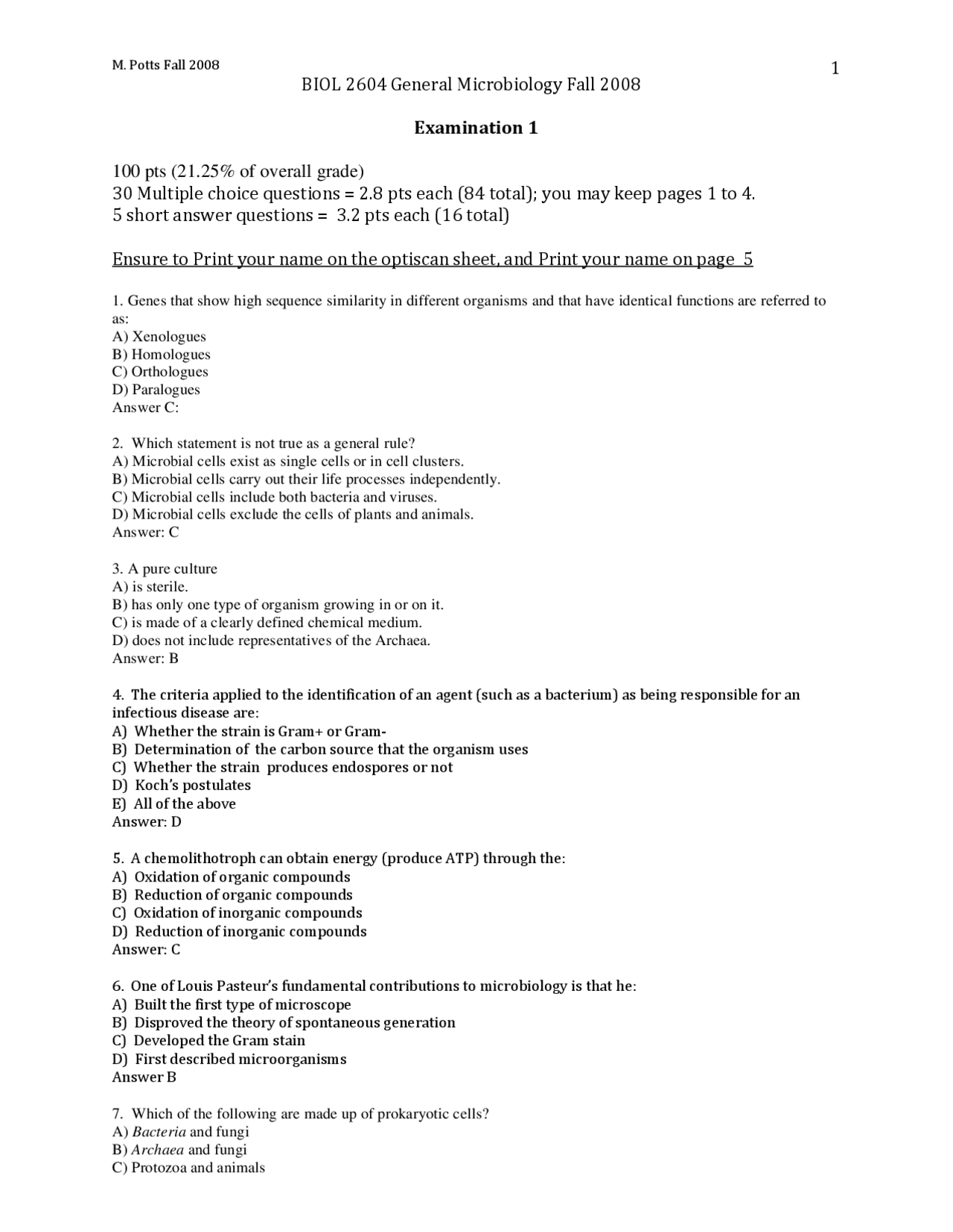 Exam 1 Questions For General Microbiology Biol 2604 Docsity