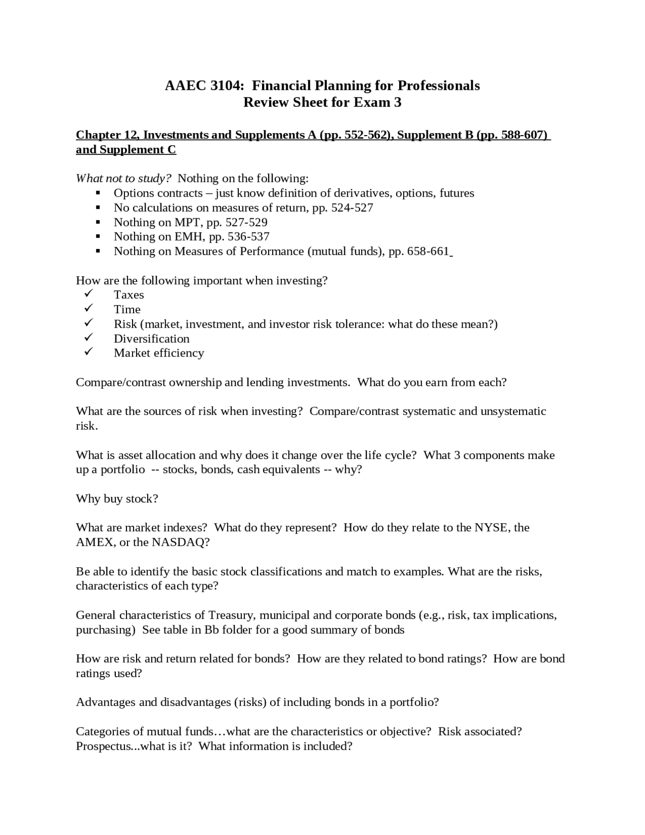 Review Sheet For Exam 2 On Financial Planning For Professionals Aaec