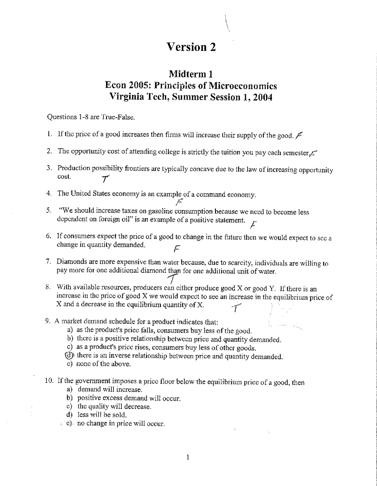 True False Multiple Choice Questions Principles Of Economics