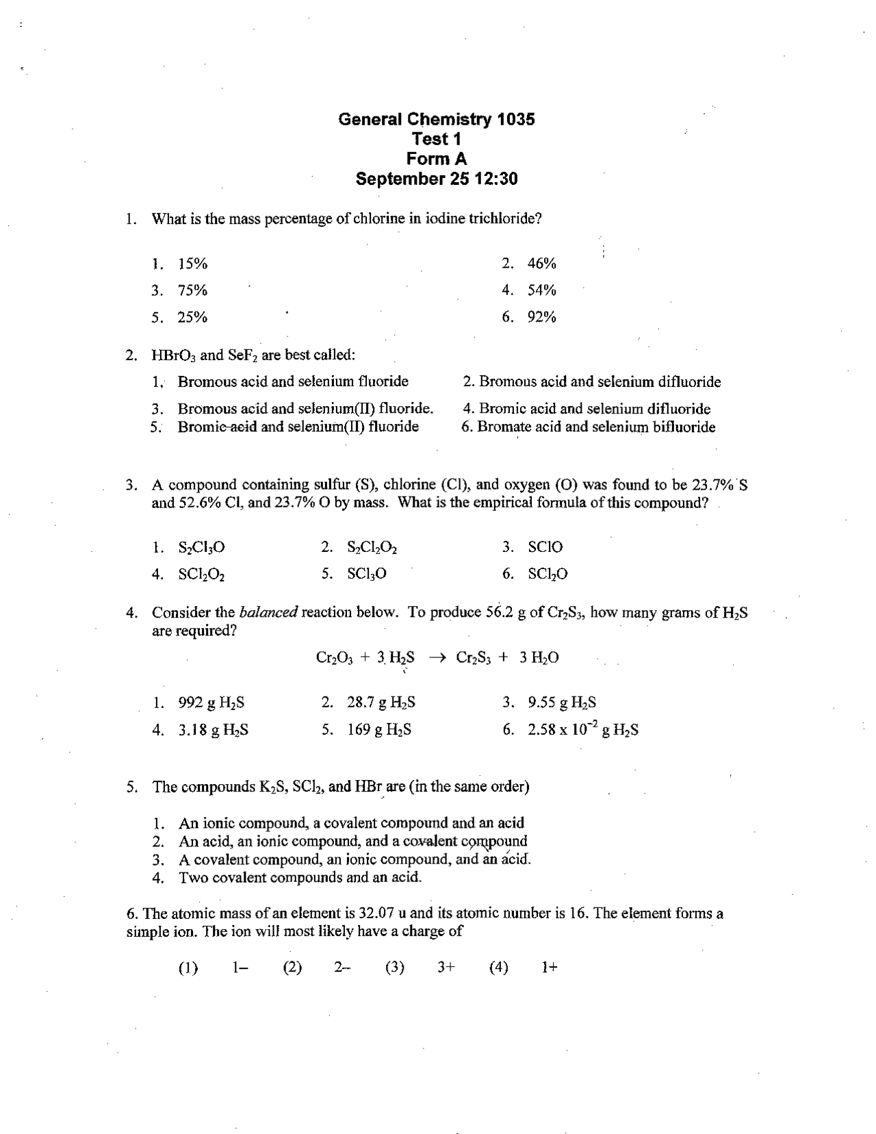 25 questions on General Chemistry - Form A | CHEM 1035 - Docsity