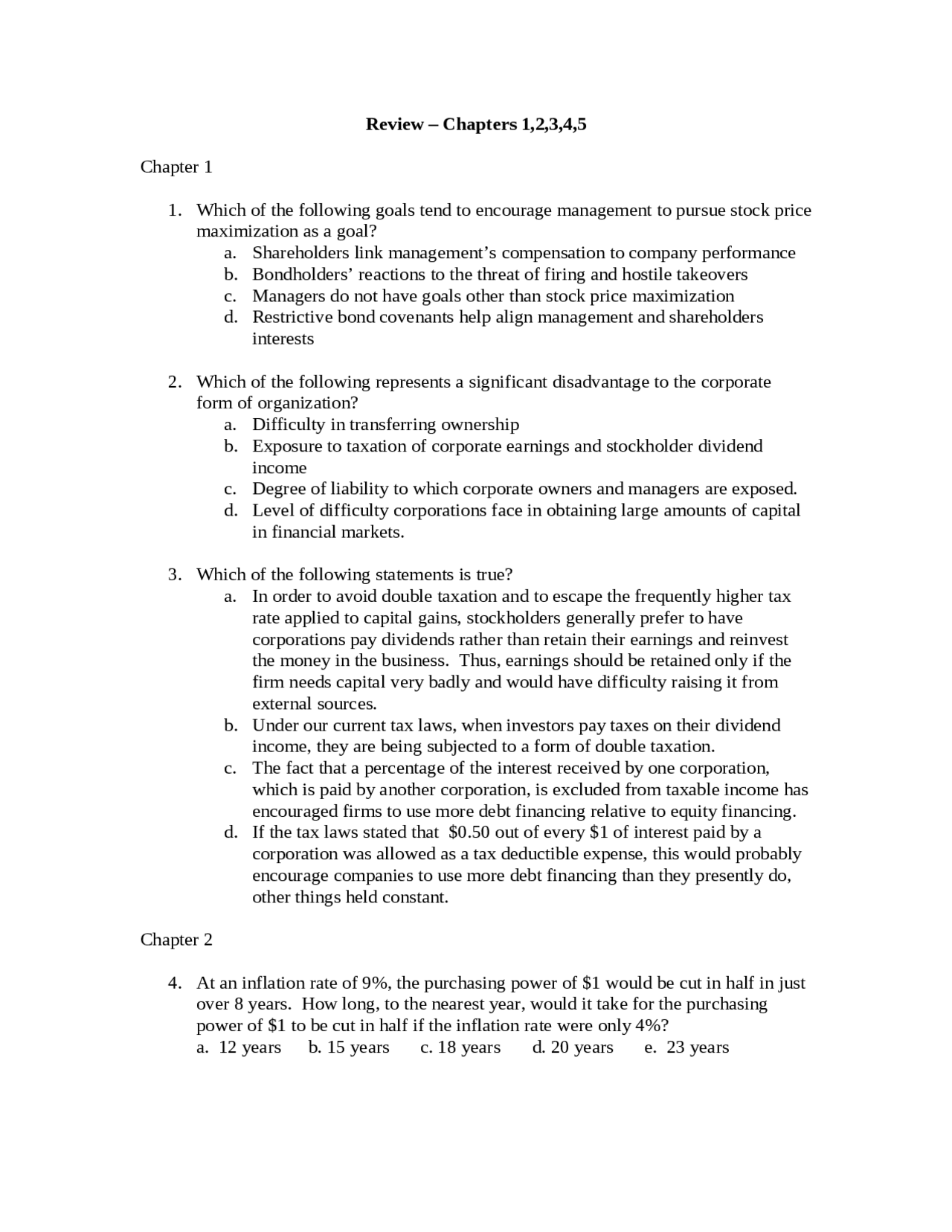 Review Sheet For Business Finance Bmgt 340 Docsity