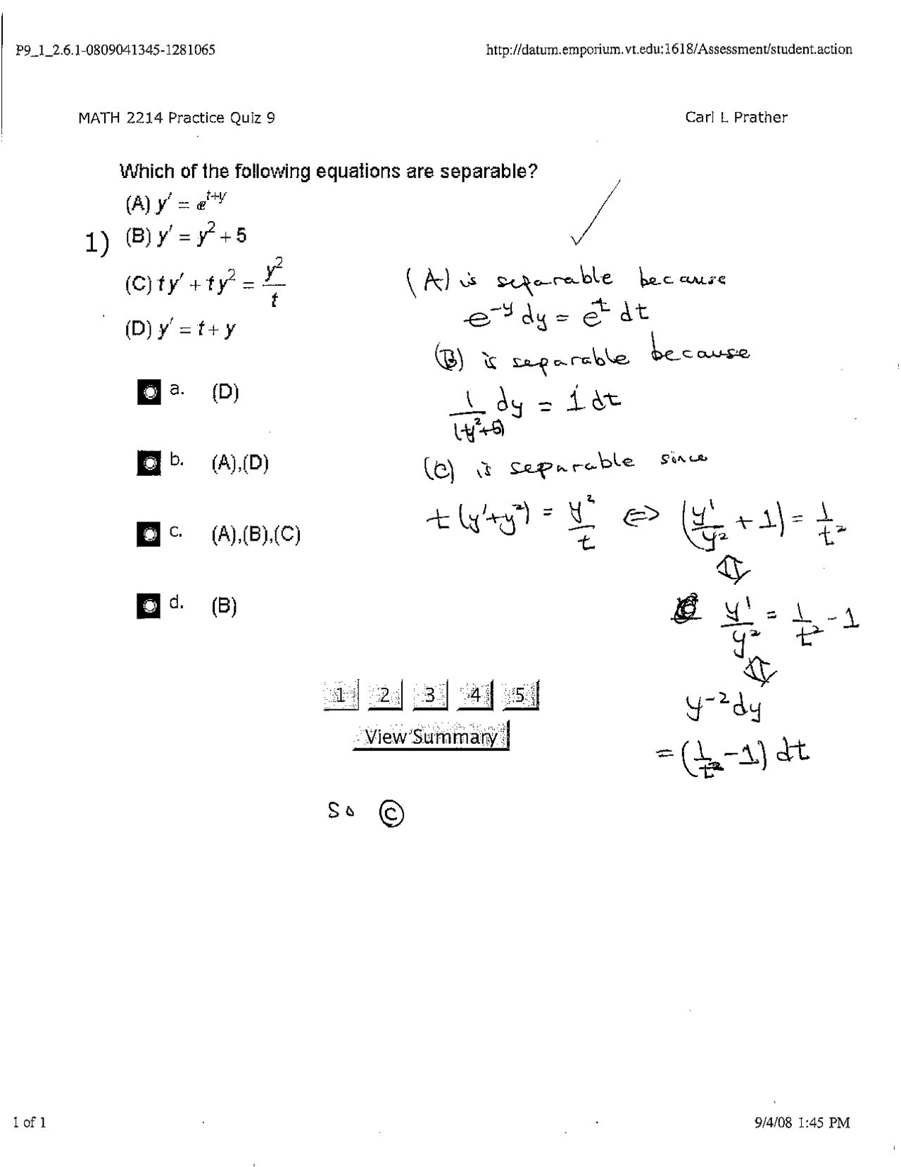 Introduction to Differential Equations - Practice Quiz 9 with Solution | MATH 2214 - Docsity