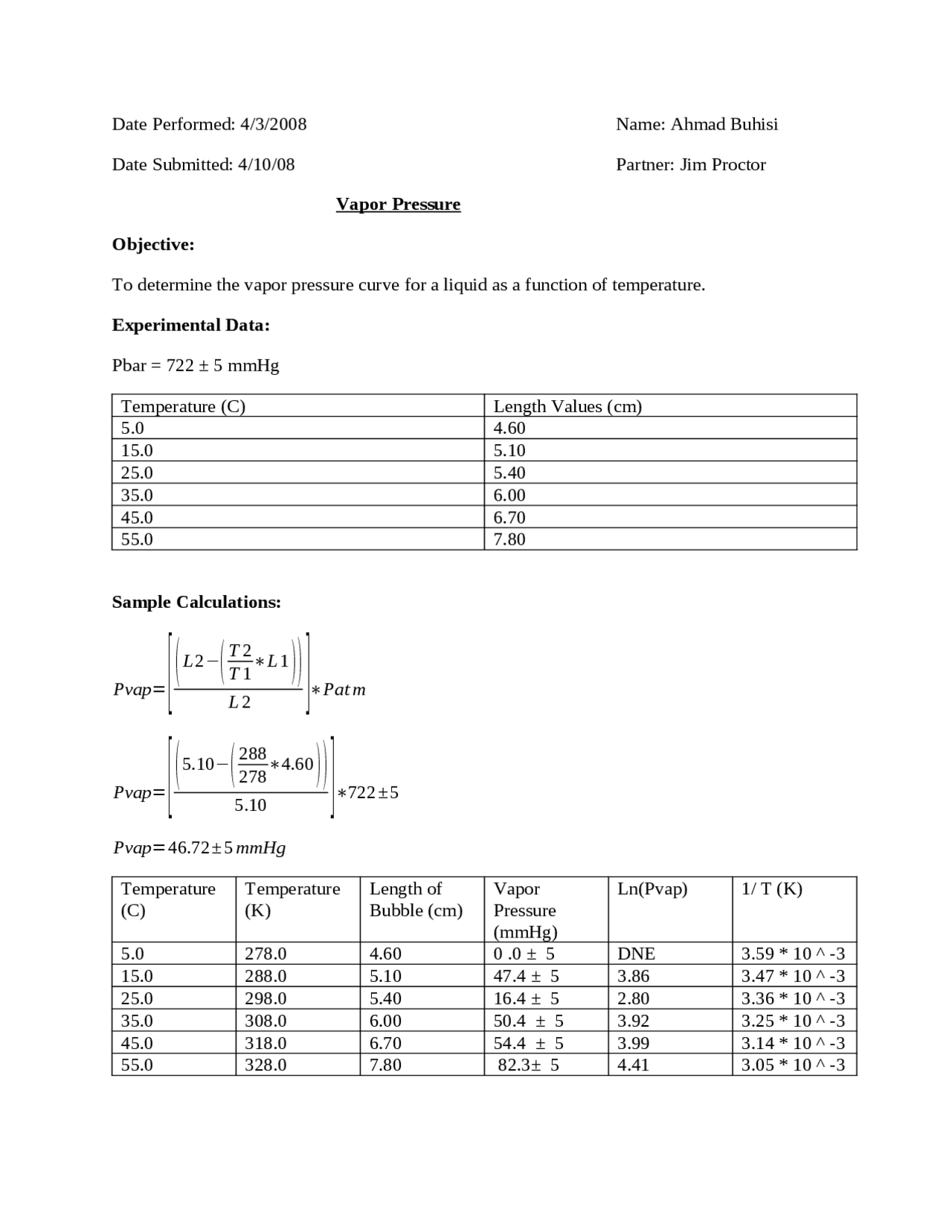 Lab # 9 - Vapor Pressure - General Chemistry Lab | CHEM 1045 - Docsity