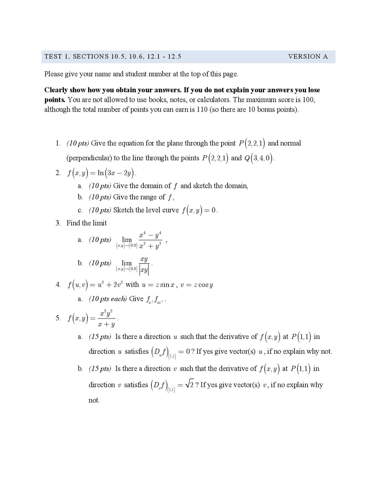 Multivariable Calculus Test 1 Version A Solved Exercises Math 2224