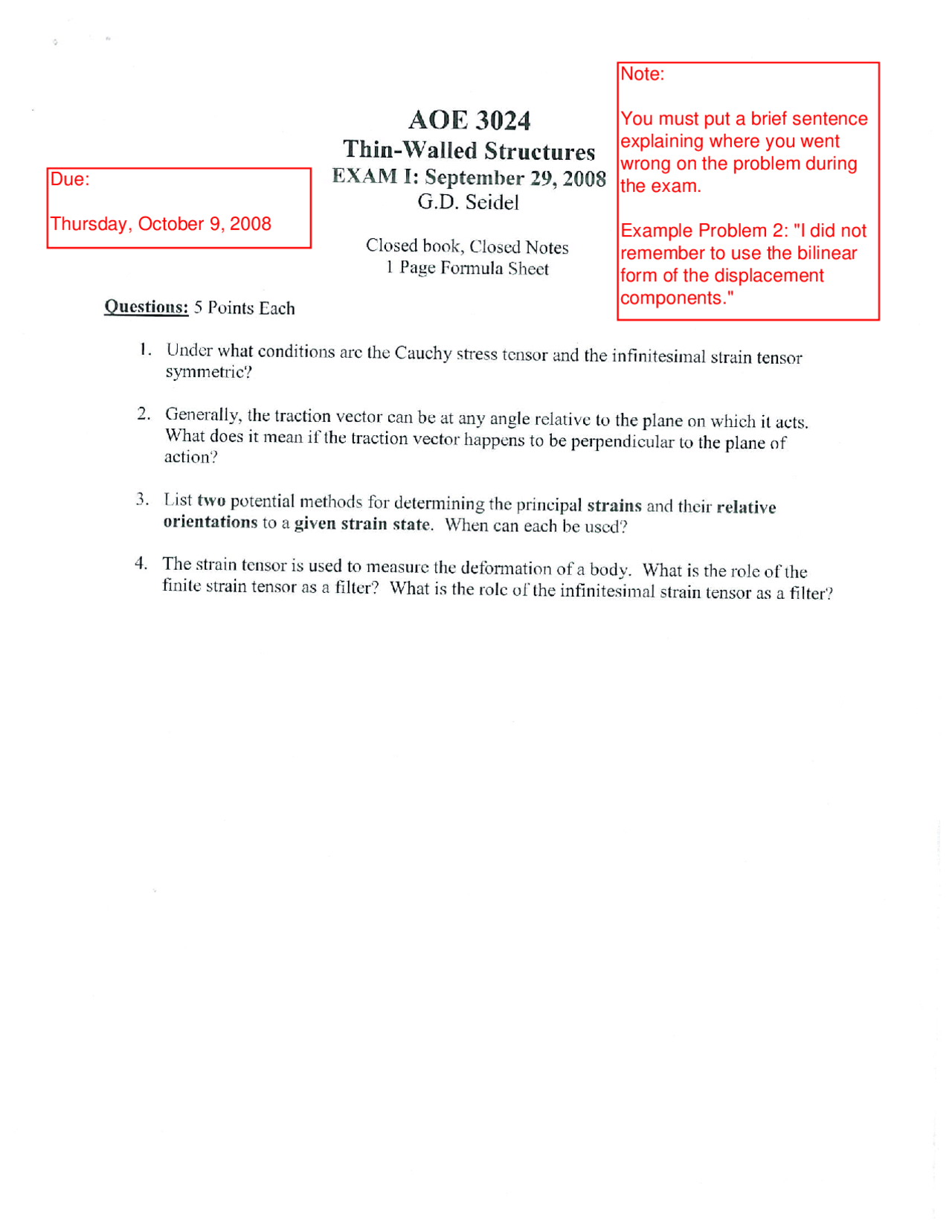 Exam 1 For Thin Walled Structures Aoe 3024 Docsity