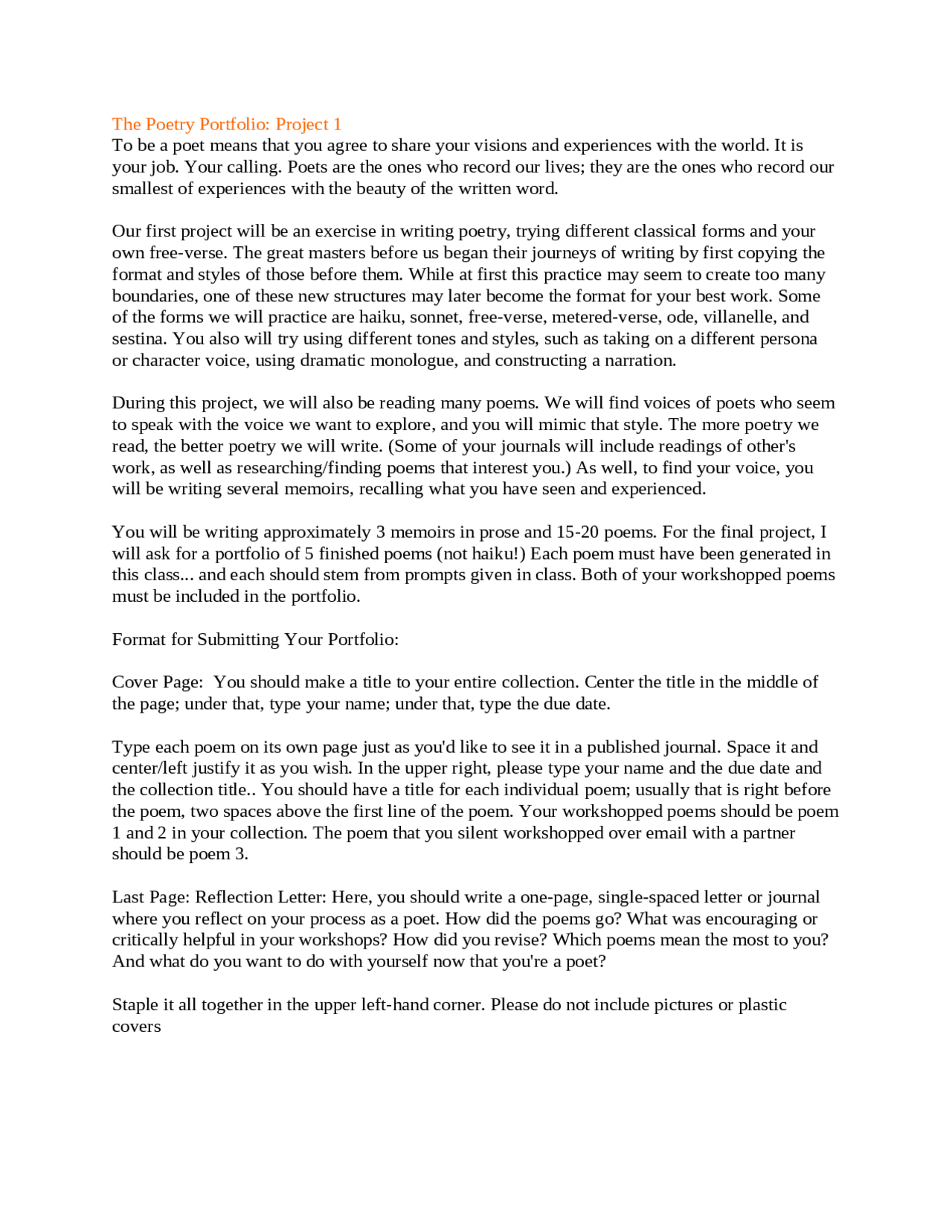 The Poetry Portfolio - Project 1 | ENGL 2744 - Docsity