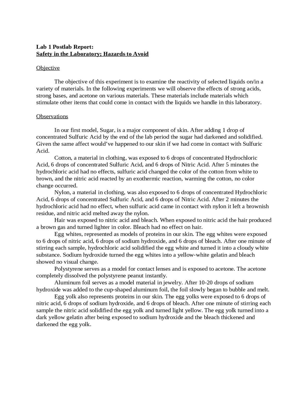 Safety in Laboratory, Hazards to Avoid - Post Lab Report | CHEM 2545 ...