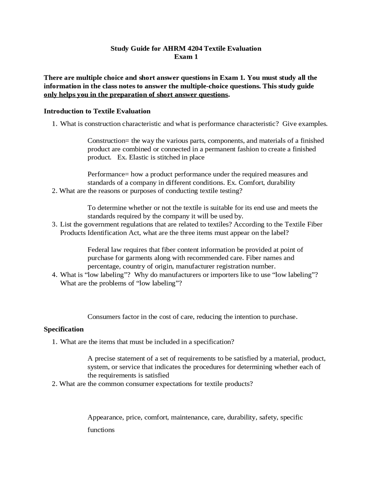 Study Guide - Textile Evaluation | AHRM 4204 - Docsity