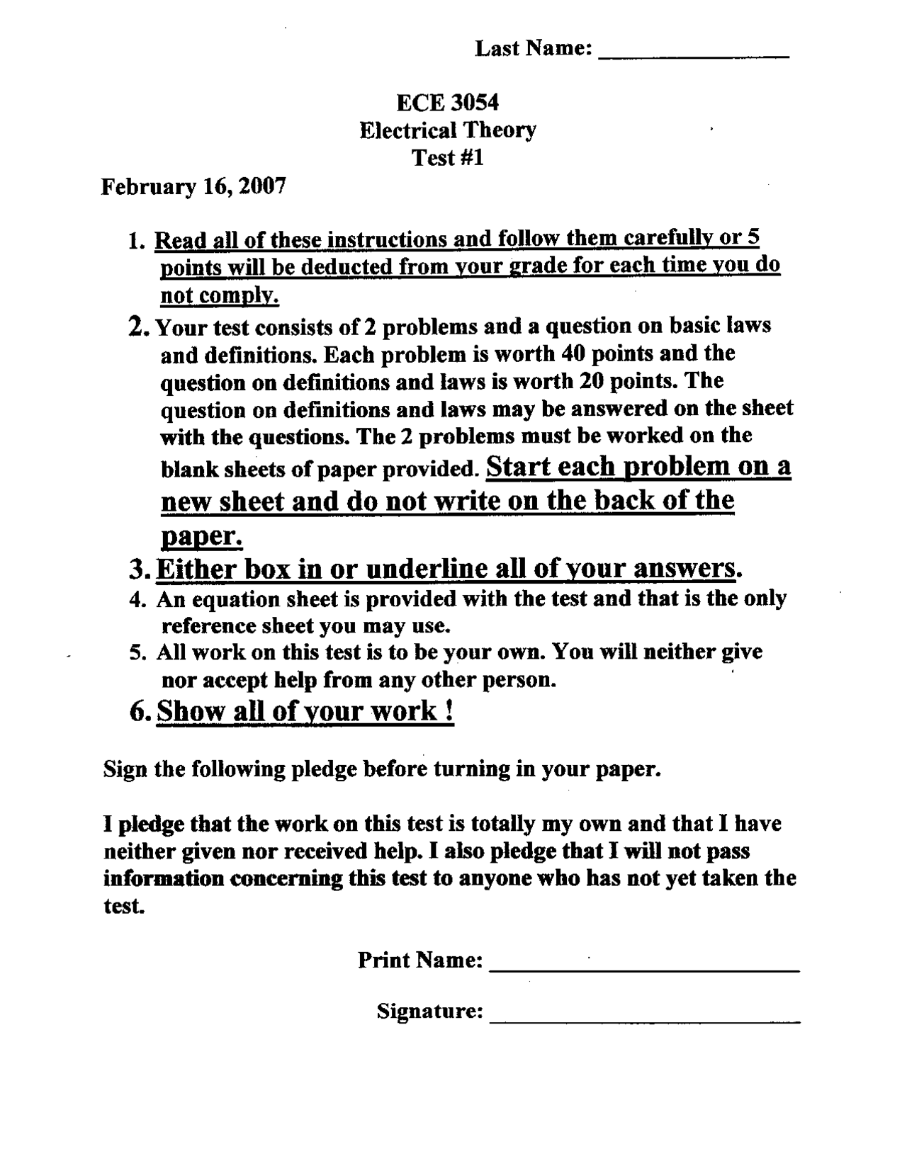 Electrical Theory - Practice Test 1 with Answers | ECE 3054 - Docsity