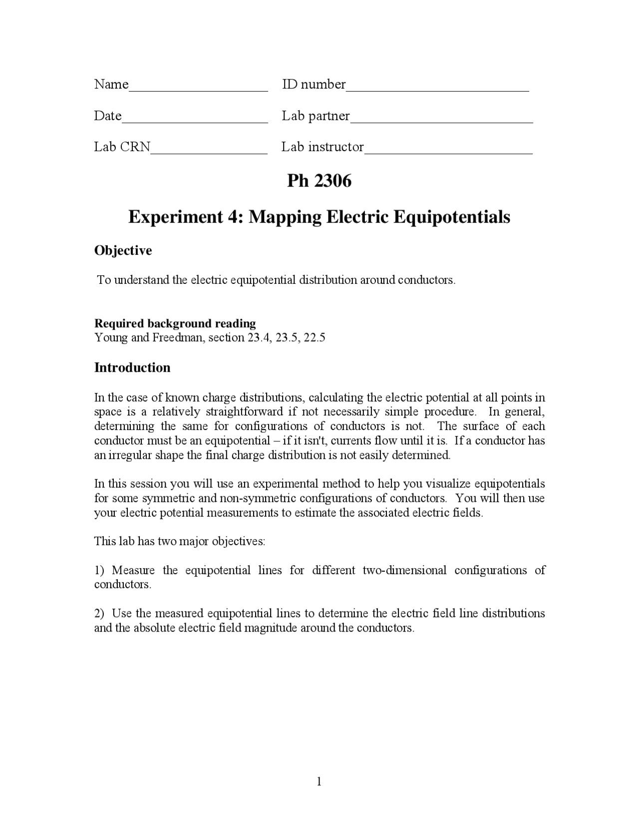 Experiment 4: Mapping Electric Equipotential | PHYS 2306 | Lab Reports ...