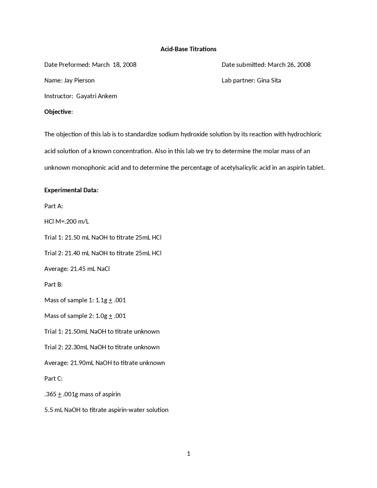 Acid-base titration Laboratory Report for General Chemistry | CHEM 1045 ...