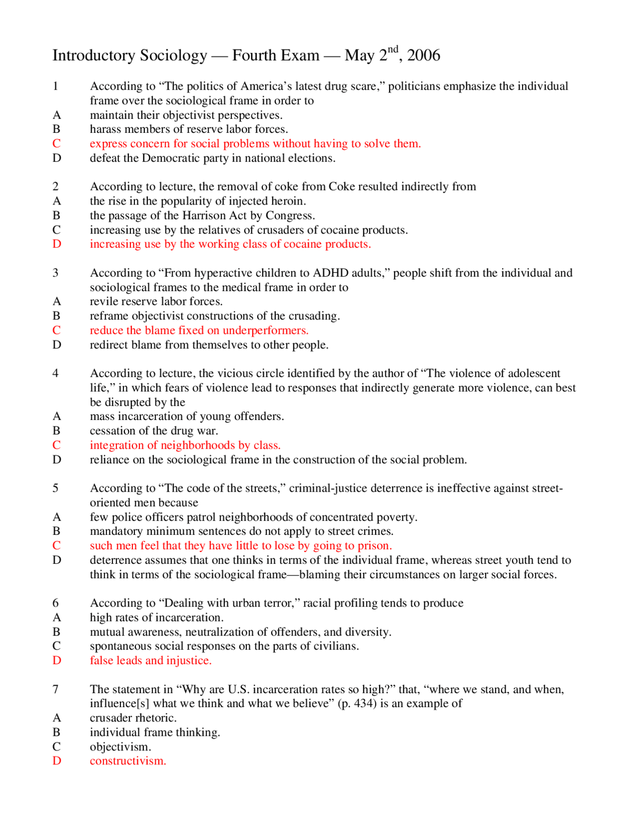 Sample Of Sociology Exam With Solutions May 2006 Soc 1004 Docsity
