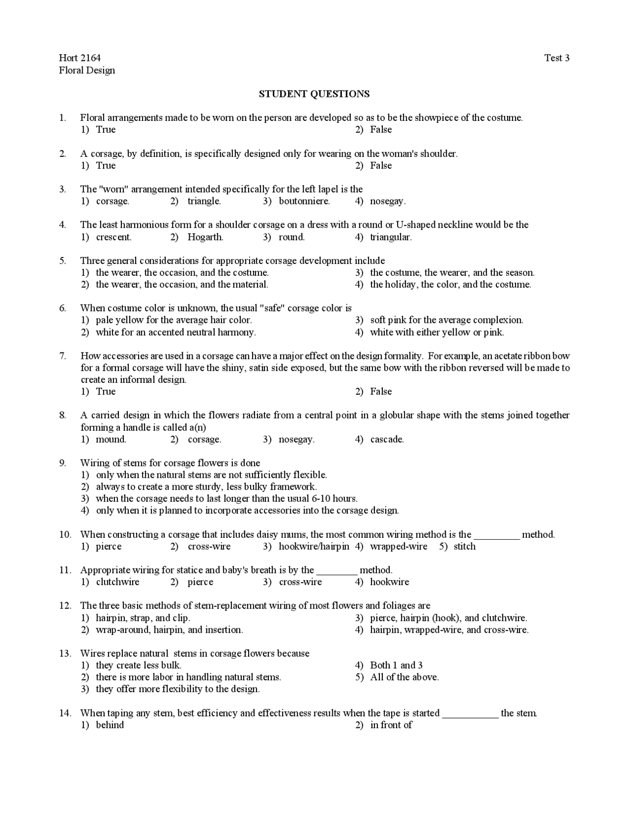 64 Mcqs With Answer For Exam Floral Design Hort 2164 Docsity