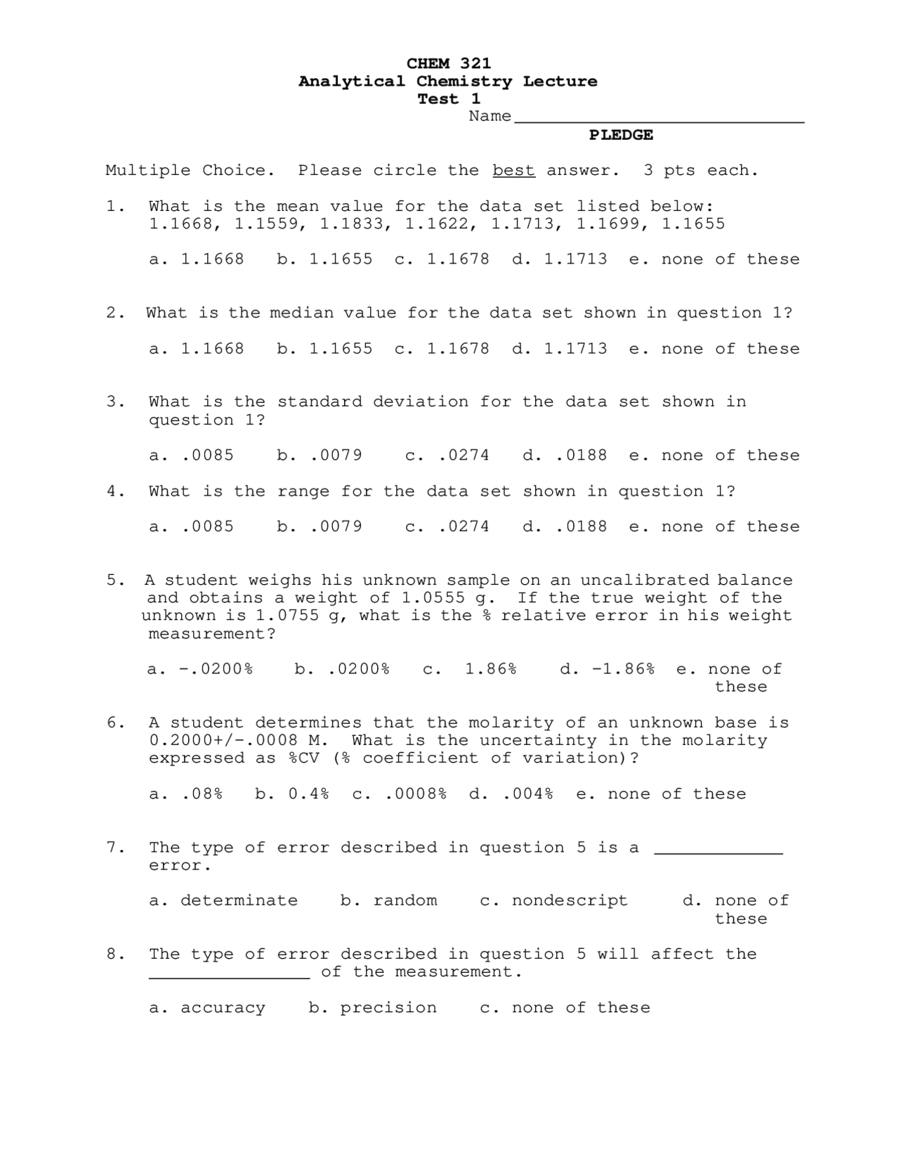 23 Questions on Analytical Chemistry - Exam 1 | CHEM 321 | Exams ...