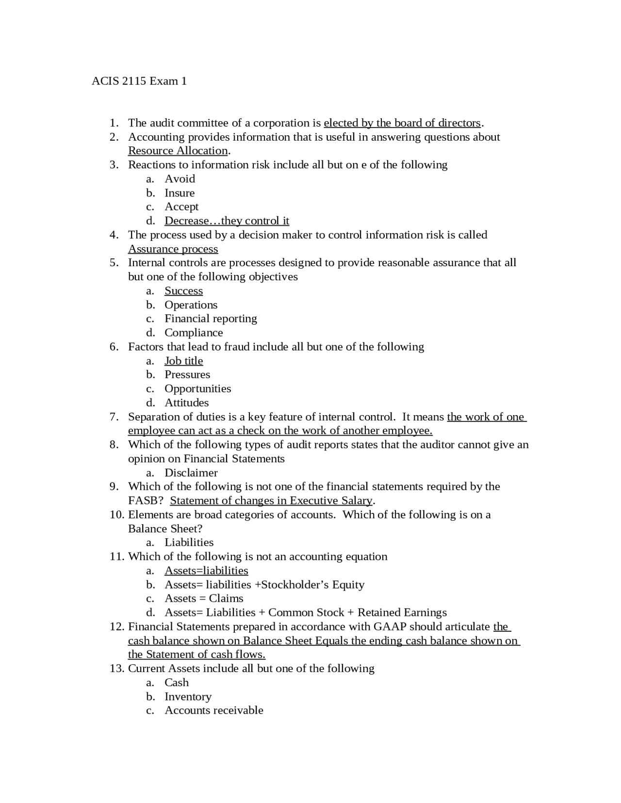 Principles Of Accounting Exam 1 With Solved Questions Acis 2115 Docsity