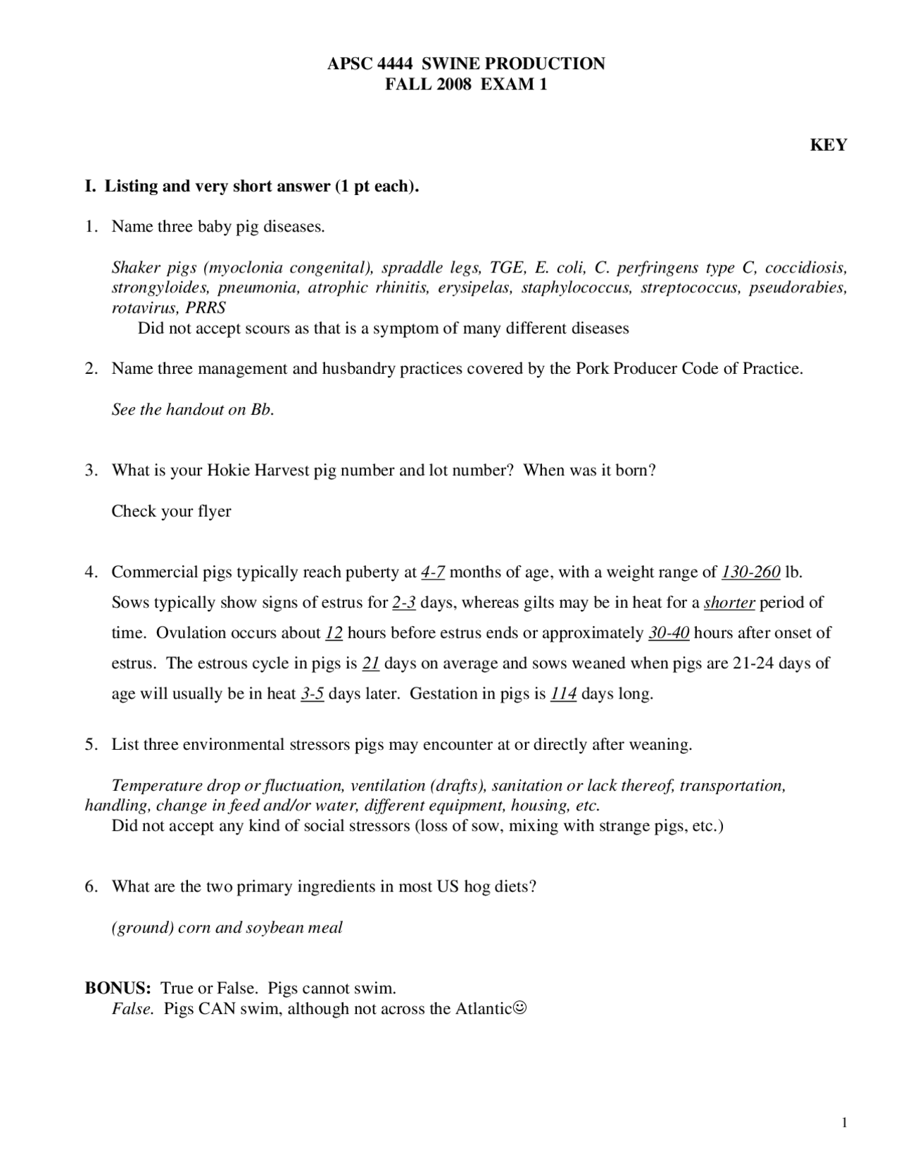 Exam 1 Study Questions - Swine Production | APSC 4444 - Docsity