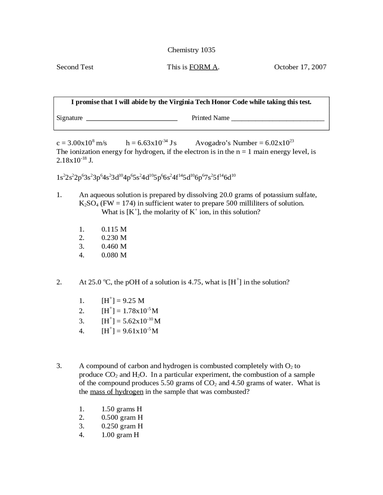 Practice Exam 2 for General Chemistry | CHEM 1035 - Docsity