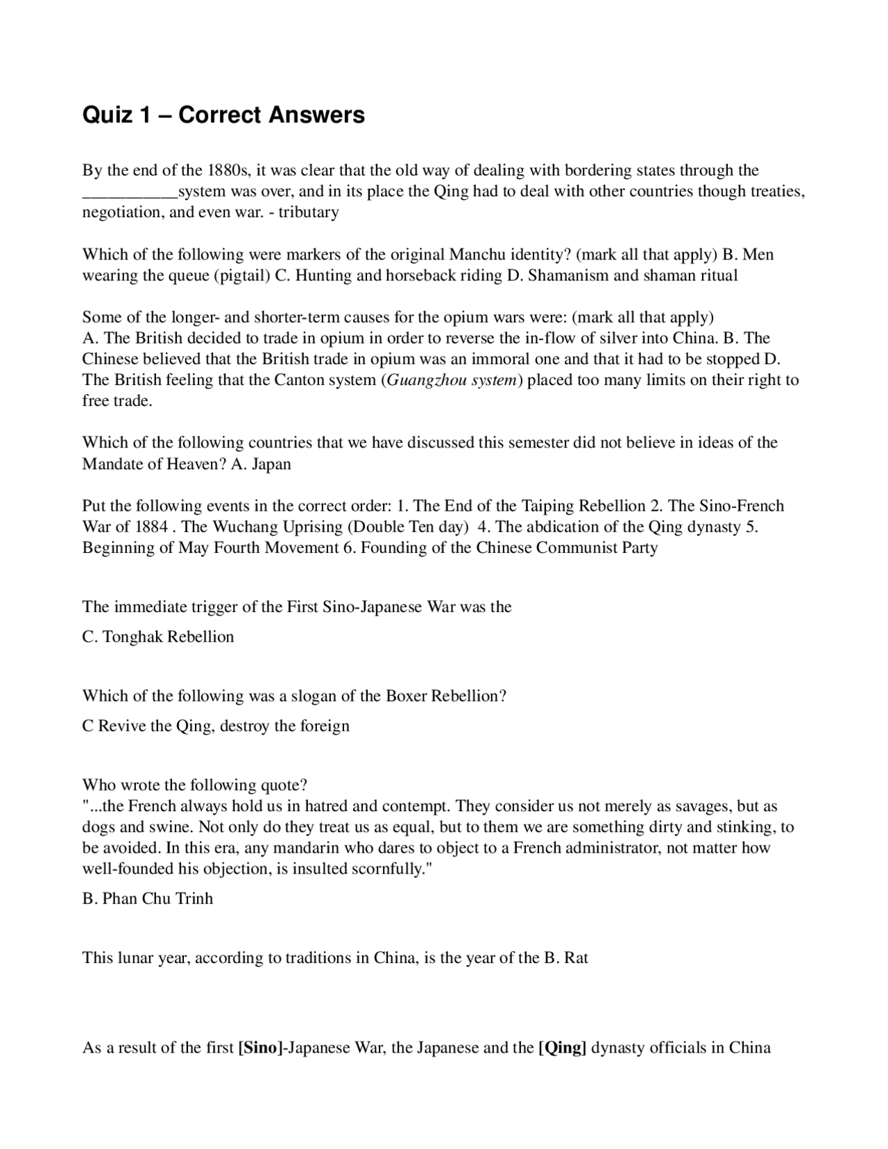 This is the Answer Key for the First Online Quiz - History of China ...