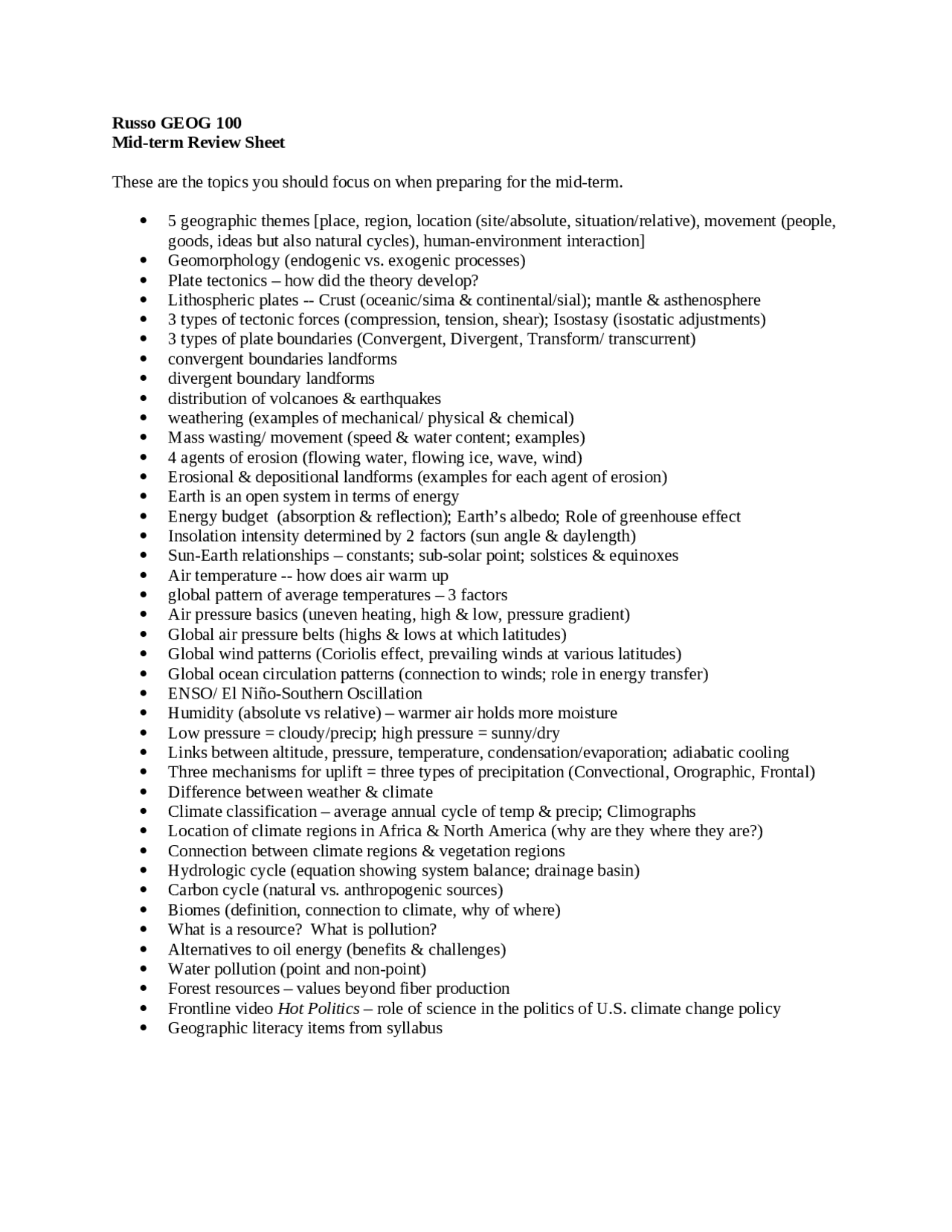 Midterm Review Sheet Introduction To Geography Geog 100 Docsity