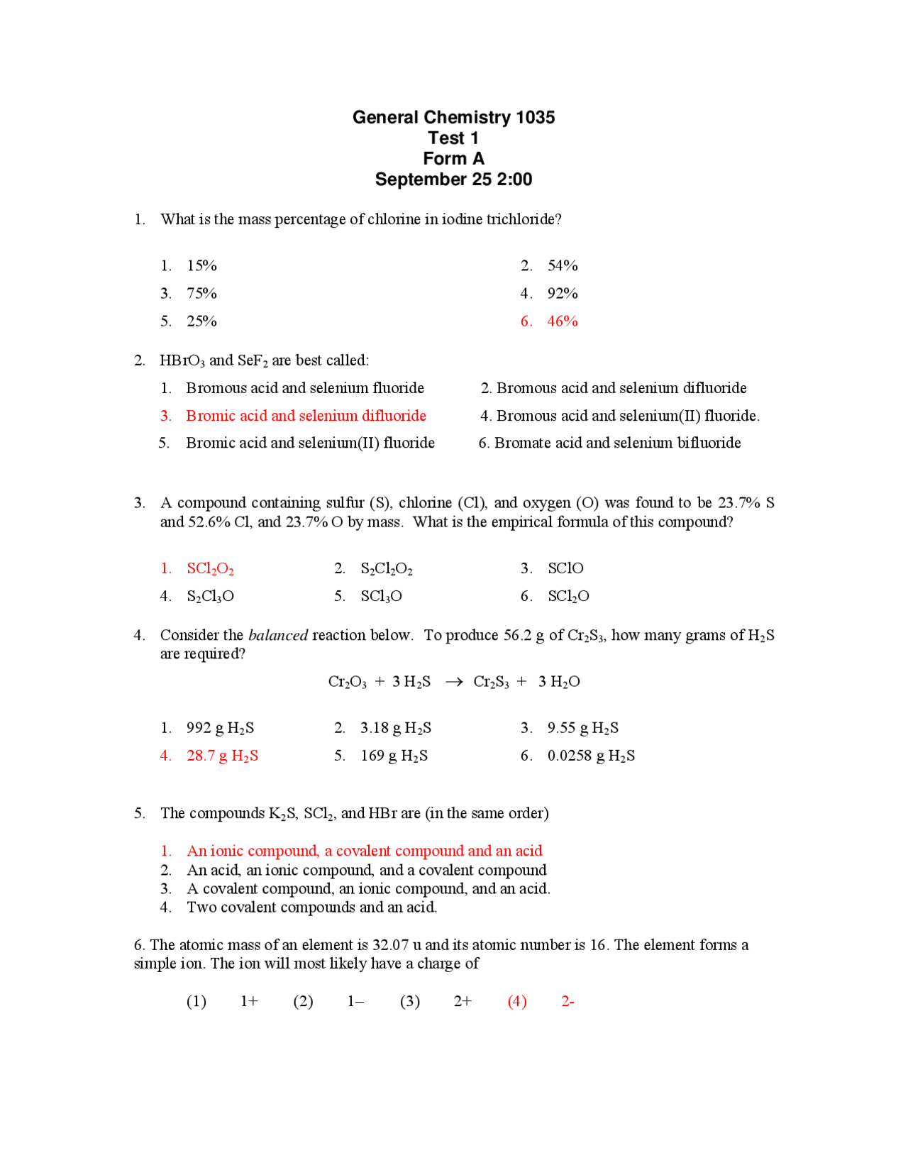 General Chemistry - Solved Exam 1 Questions | CHEM 1035 | Exams ...
