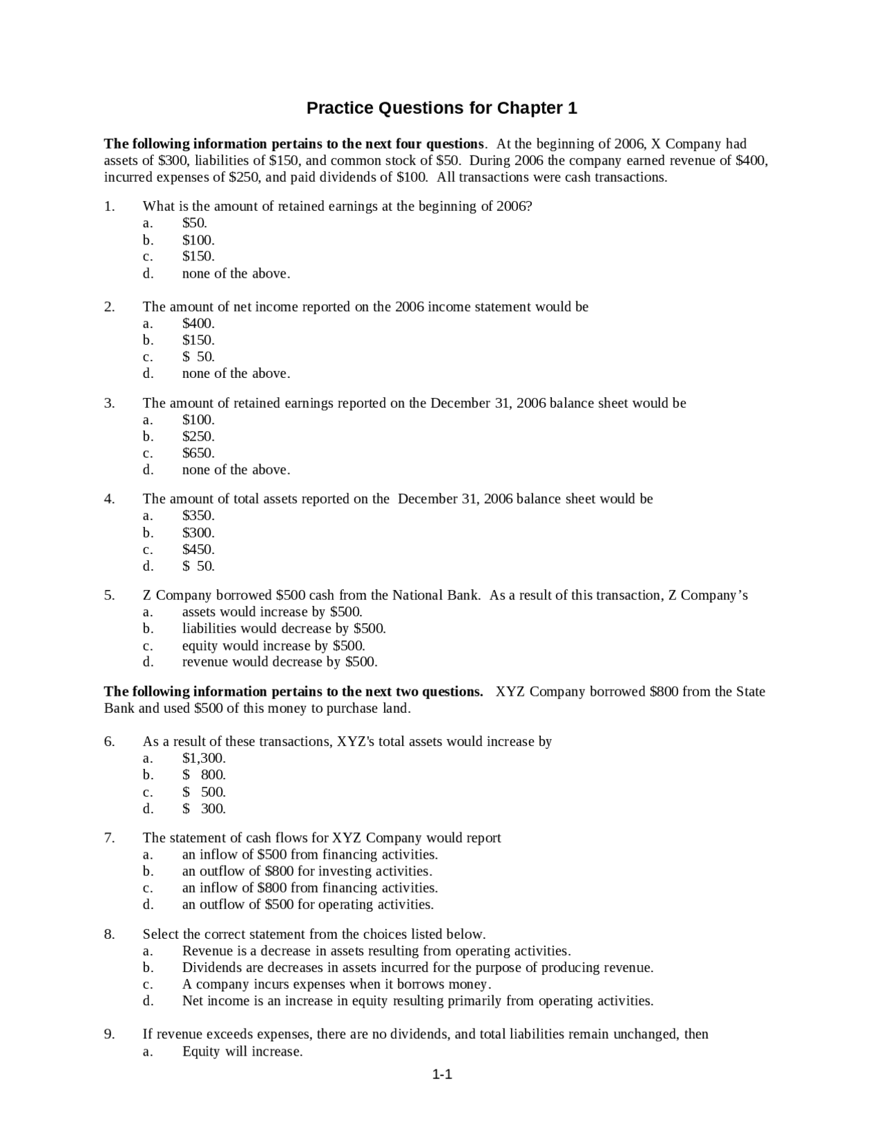Practice Questions For Survey Of Accounting Acis 2004 Docsity