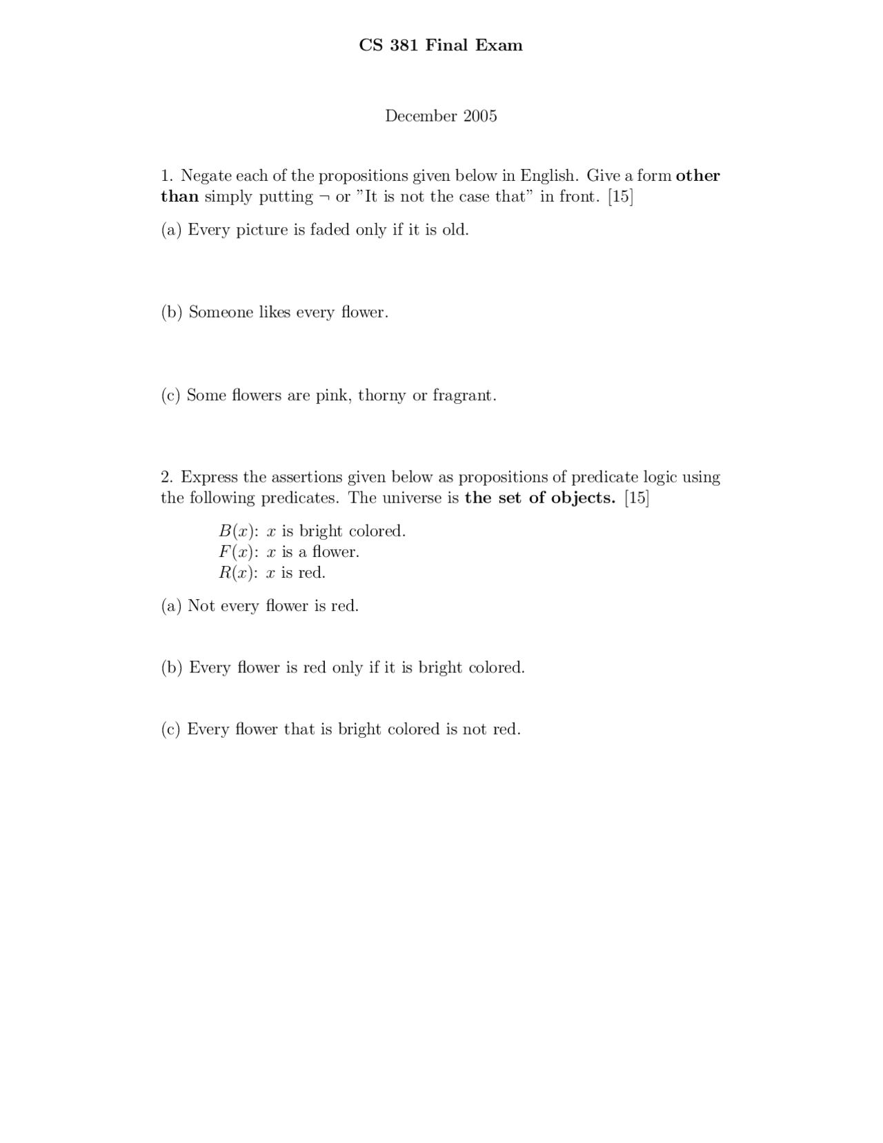7 Questions On Discrete Structures Final Exam Cs 381 Docsity