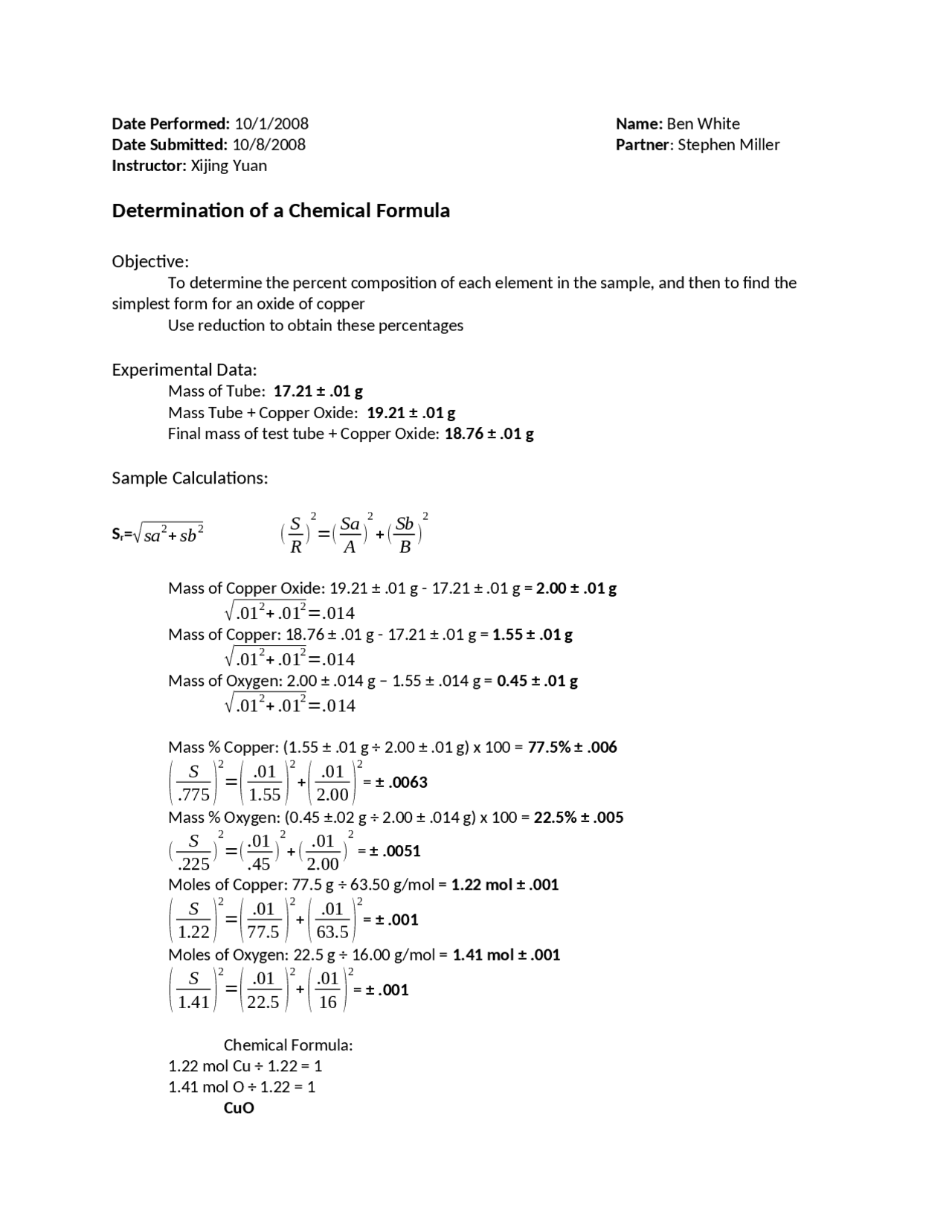 Determination of Chemical Formula - General Chemistry Lab | CHEM 1045 ...
