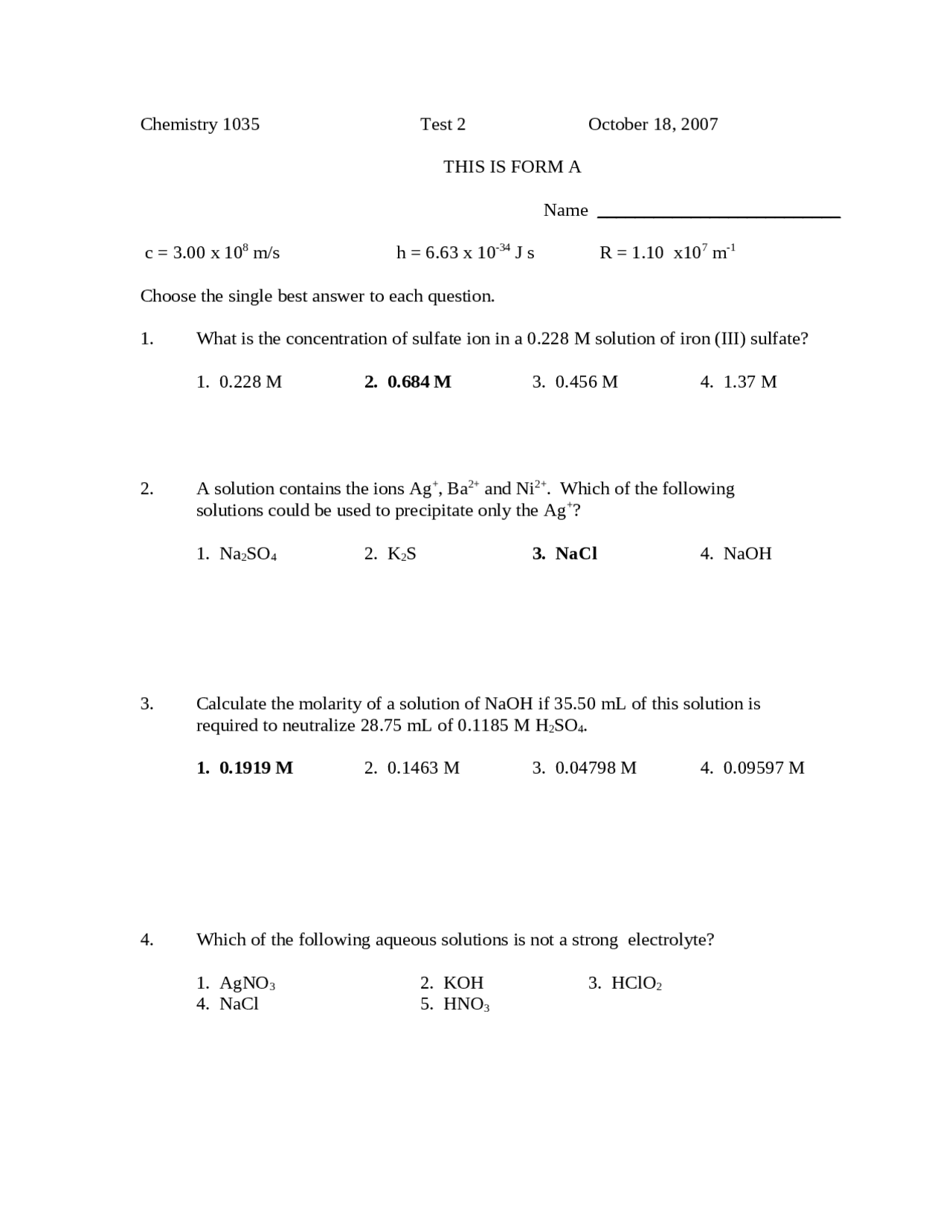 Test 2 Solved General Chemistry Fall 2007 Chem 1035 Docsity