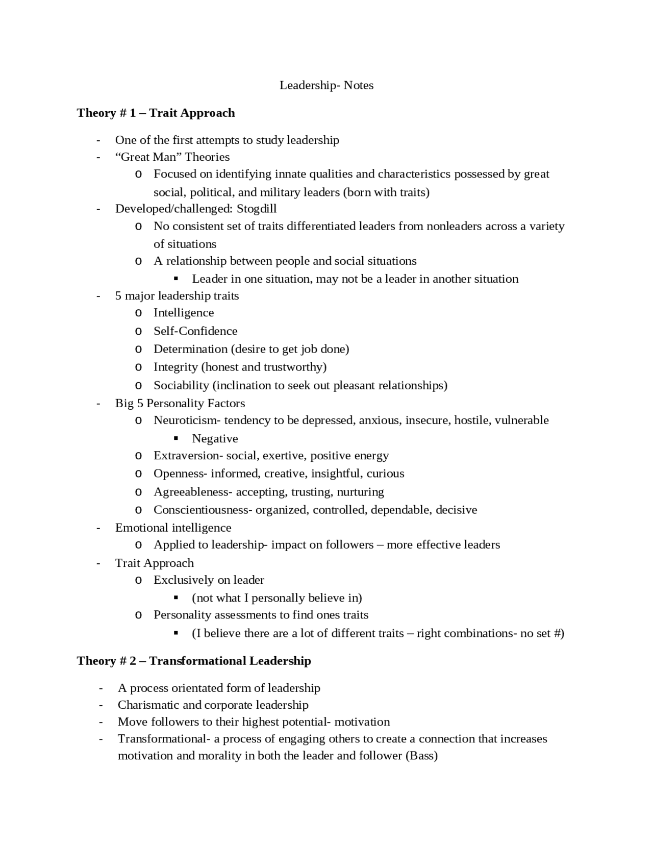 Class Note for Leadership Class (Theories) | LDRS 1015 - Docsity
