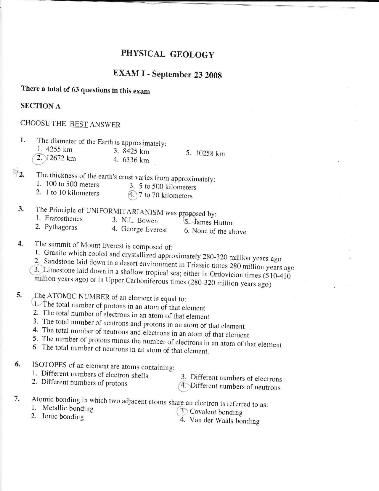 Exam 7 Questions For Physical Geology 2008 Geos 1004 Docsity