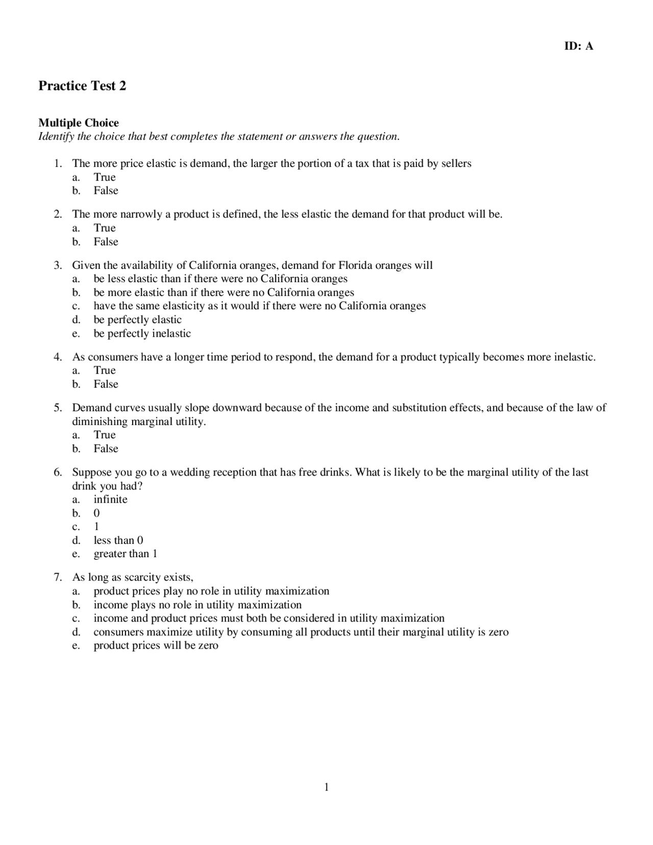 Practice Test 2 On Principles Of Economics With Answer Key Econ 2005