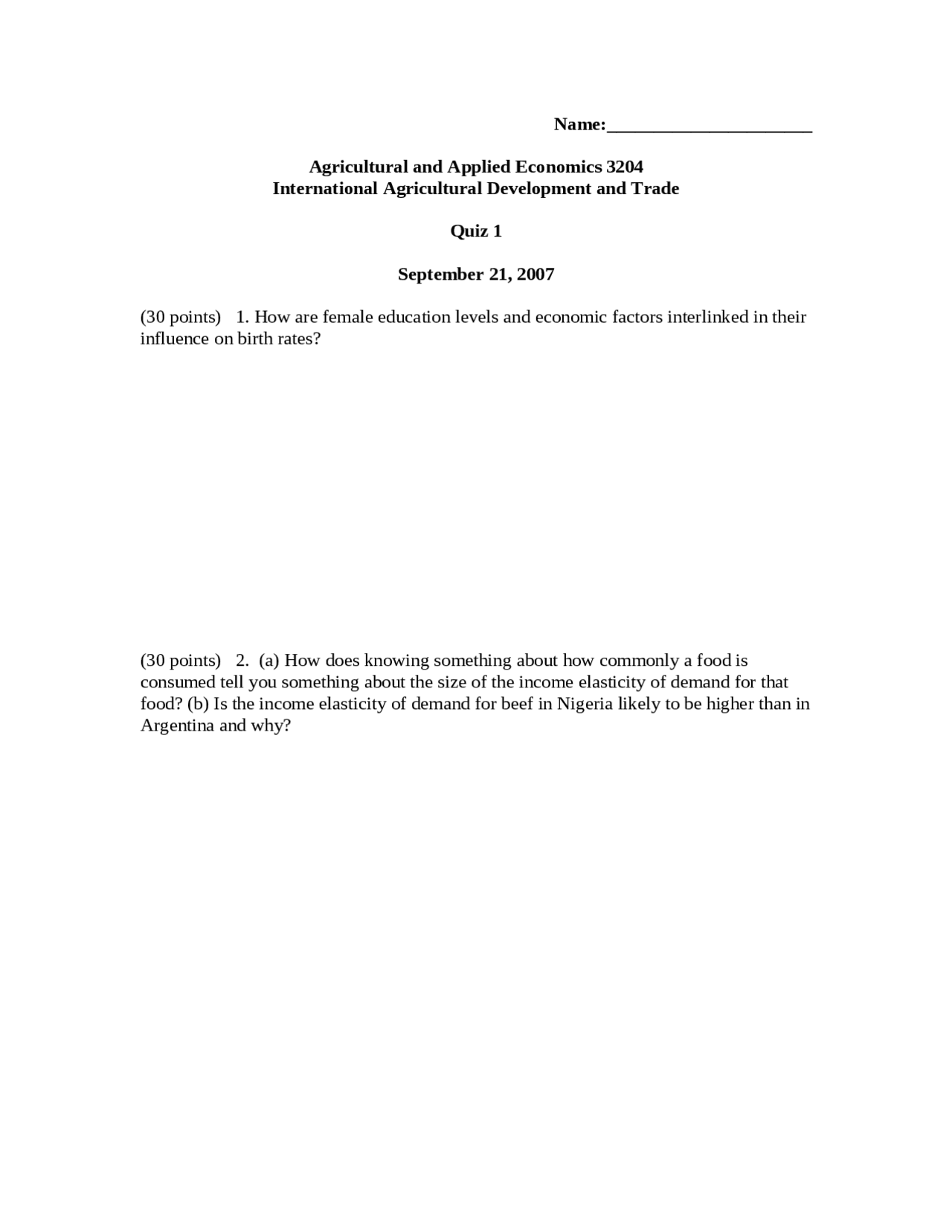 Economic Development Quiz| International Trade and Agricultural ...