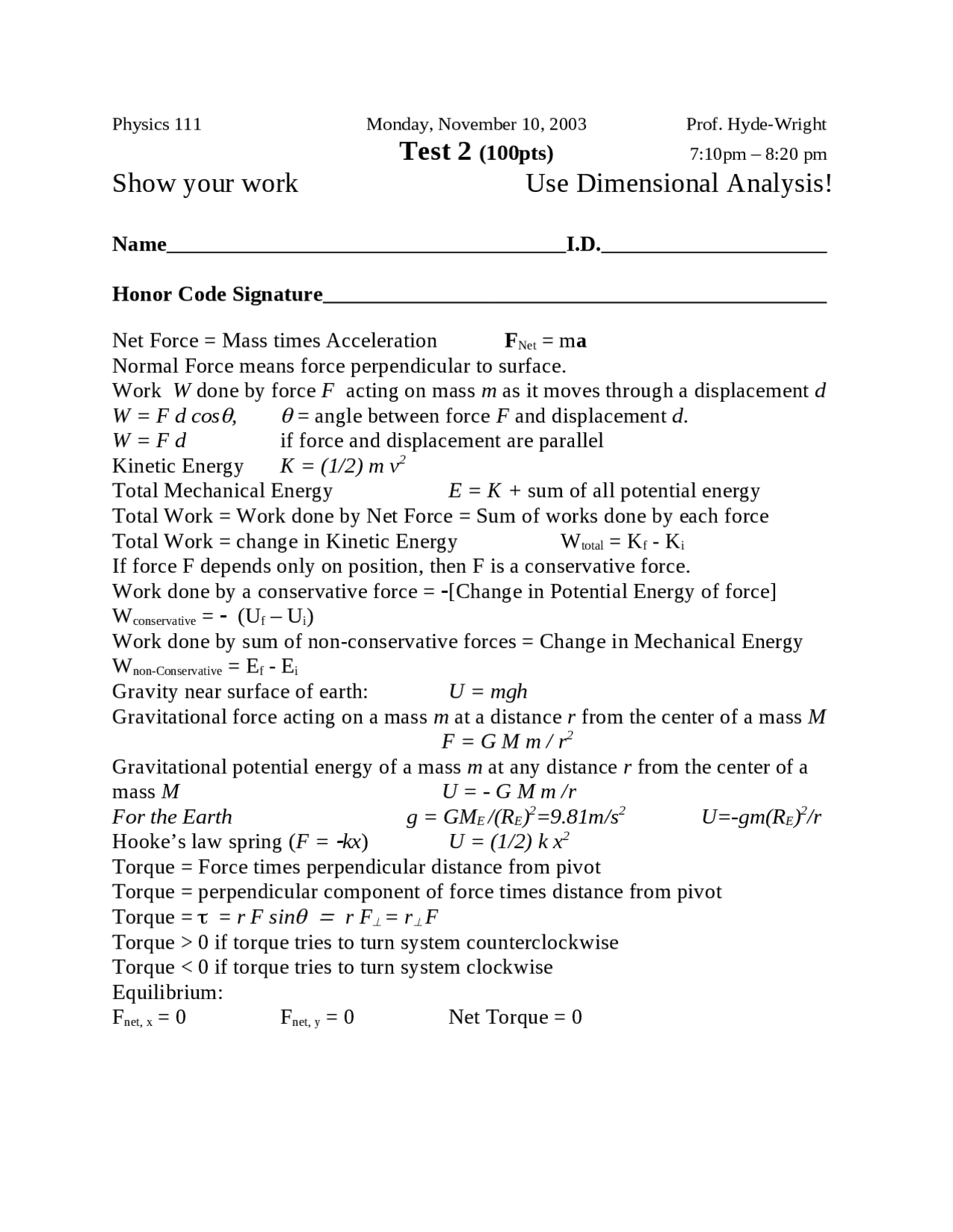 Test 2 With Questions Introductory General Physics Phys 111n Docsity