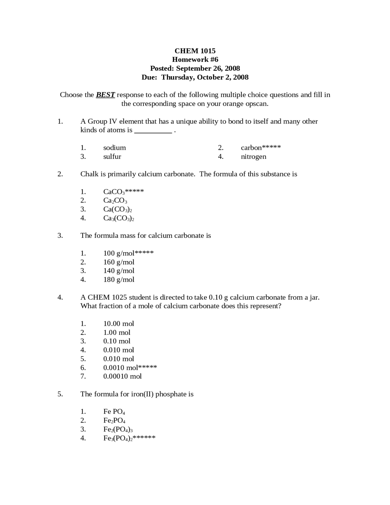Multiple Choice Homework Introduction To Chemistry Chem 1015 Docsity