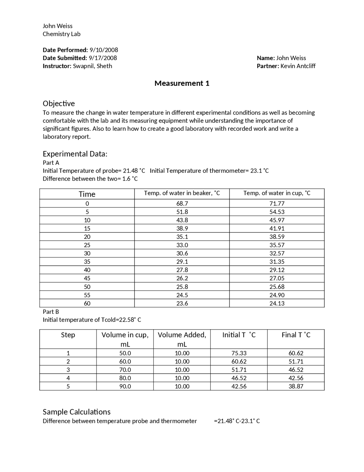 Chemistry Lab Report: Temperature Change Experiment by John Weiss - Prof. Patricia G. Amat | Lab ...