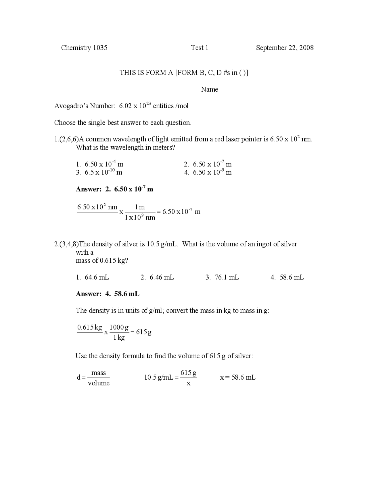 General Chemistry - Test 1 with Answer Key | CHEM 1035 - Docsity
