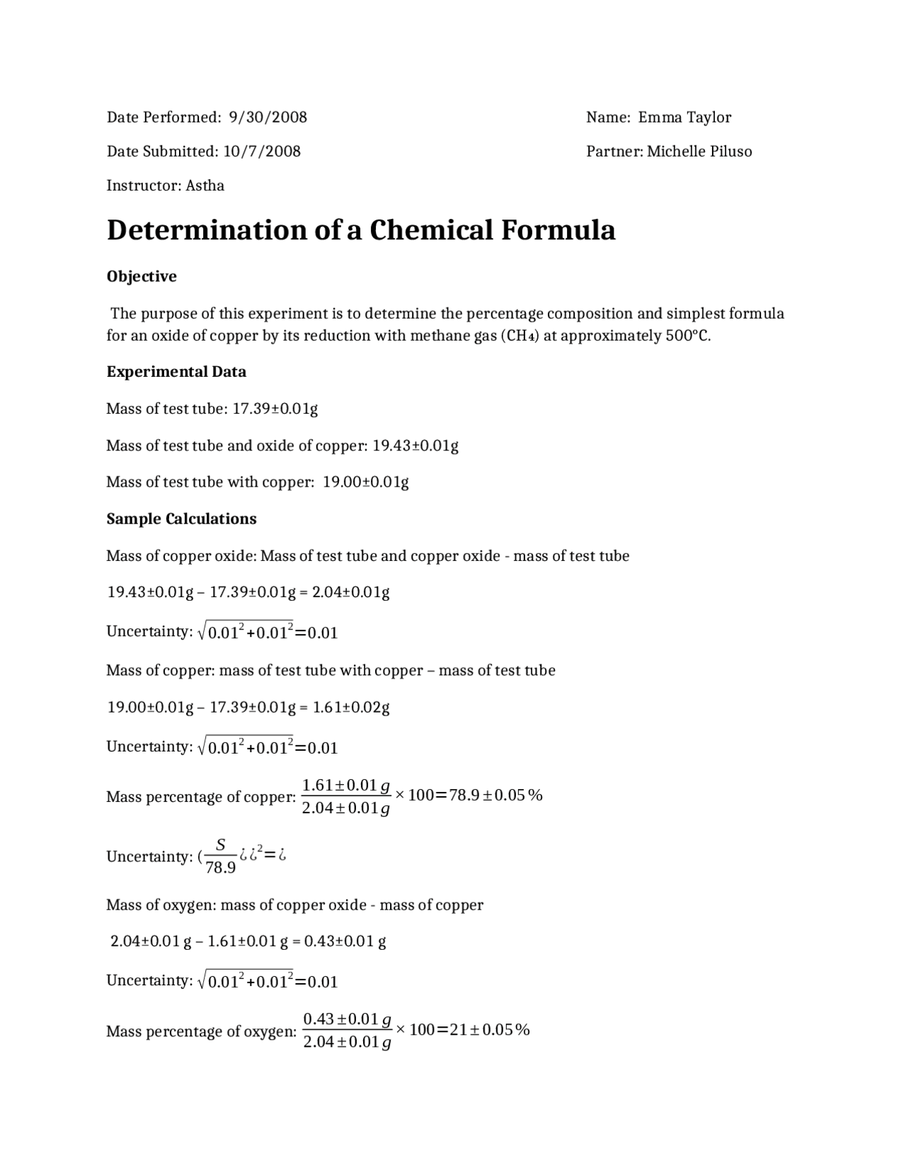 Lab 5 - Determination of a Chemical Formula - General Chemistry Lab ...