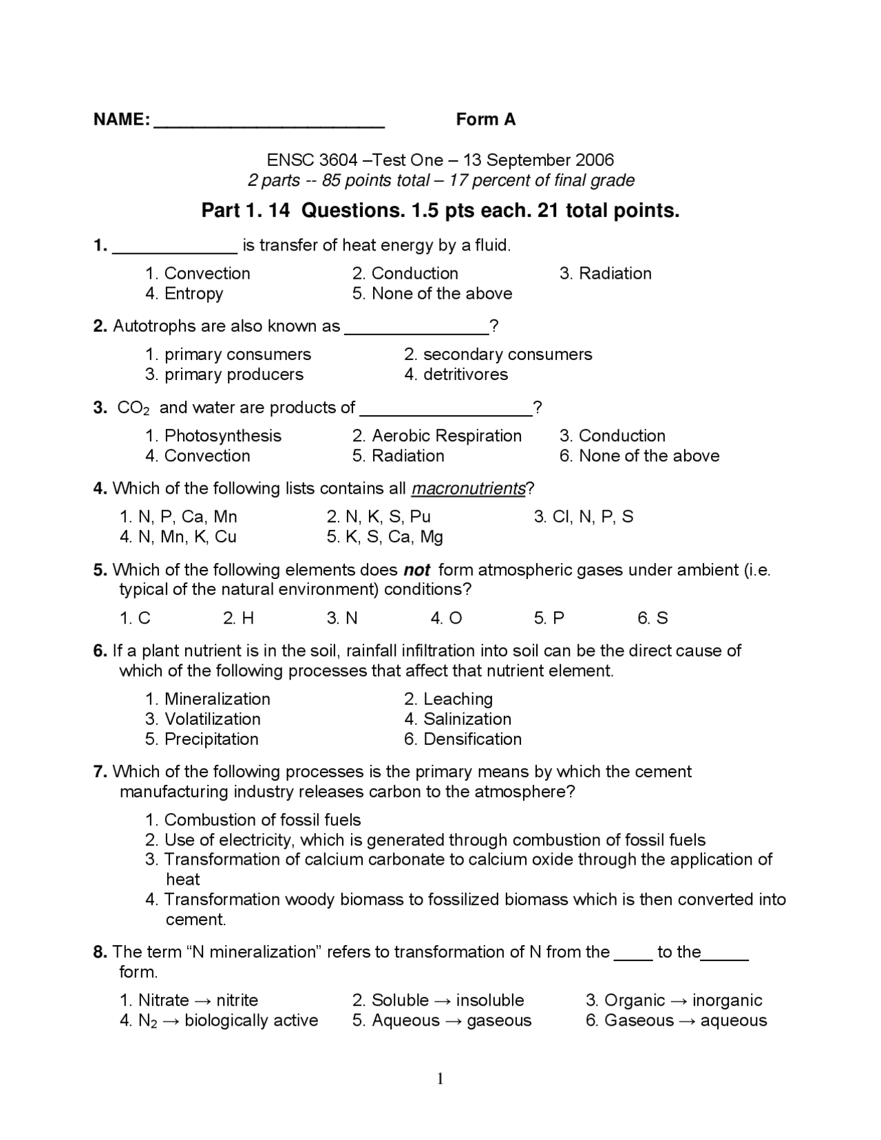 Exam for Fundamental Environmental Sciences | ENSC 3604 | Exams ...