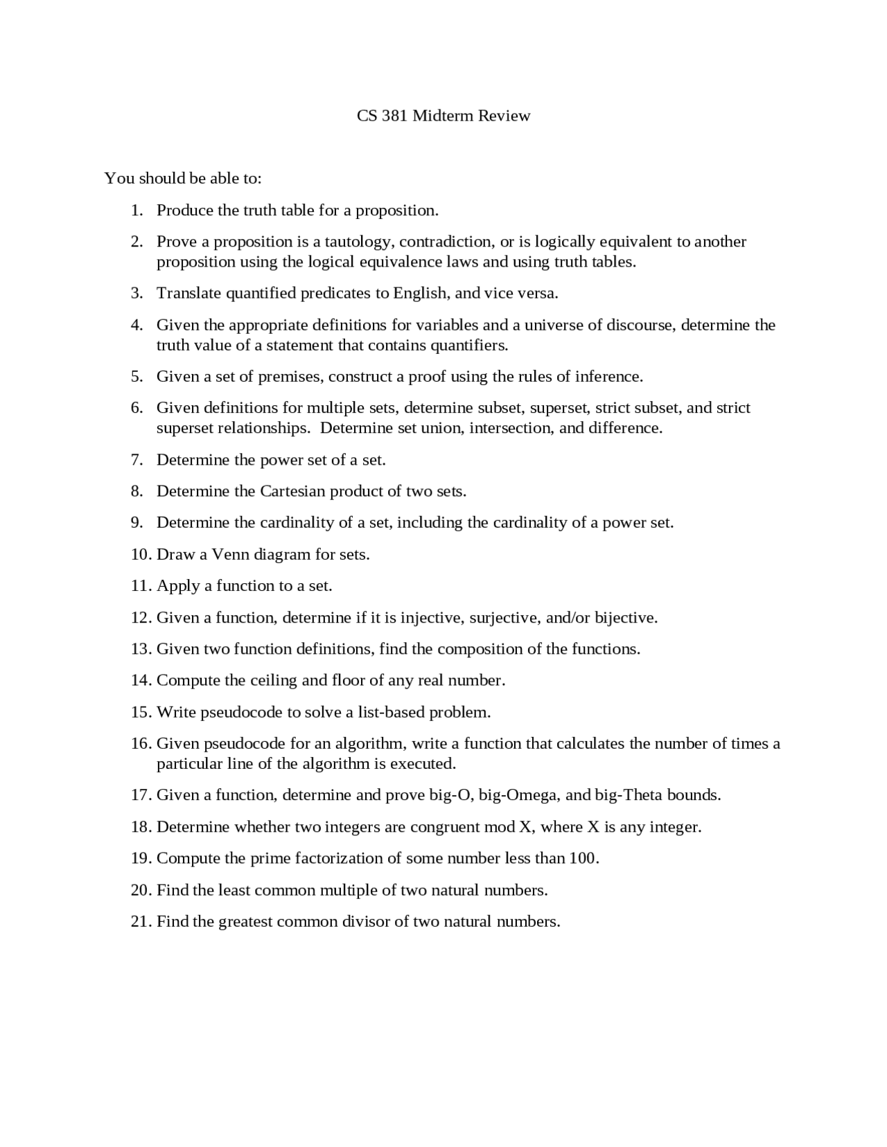 Midterm Exam Review Sheet Discrete Structures Cs 381 Docsity