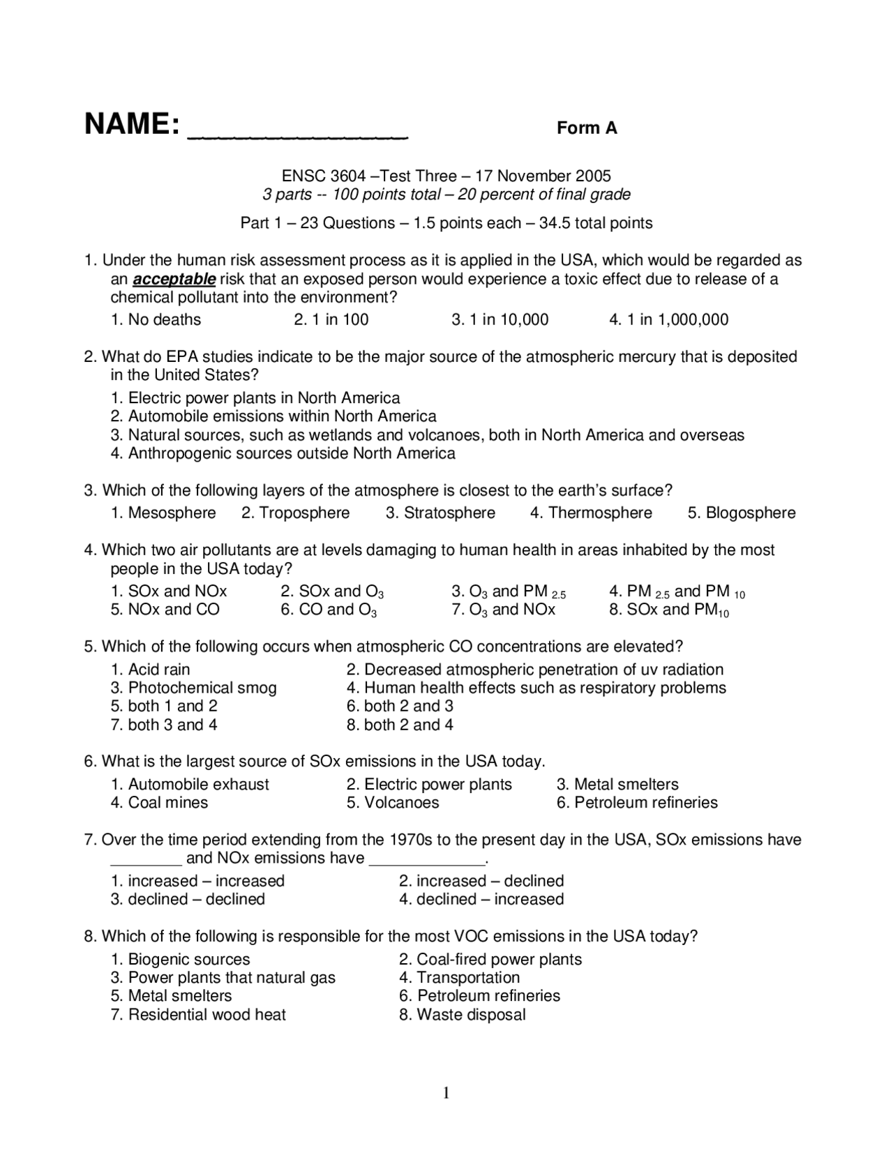 Test 3 Forms A B C Environmental Science 2005 Ensc 3604 Docsity