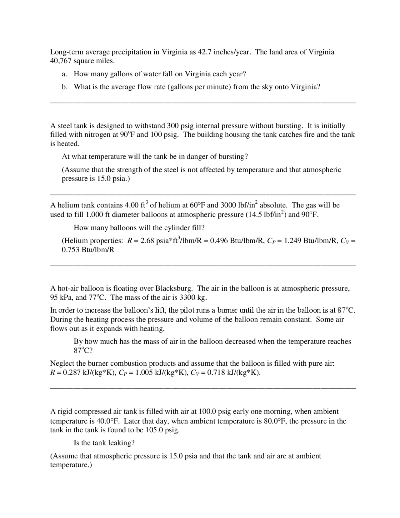 Sample Problems Introduction To Thermal Fluid Me 2124 Docsity