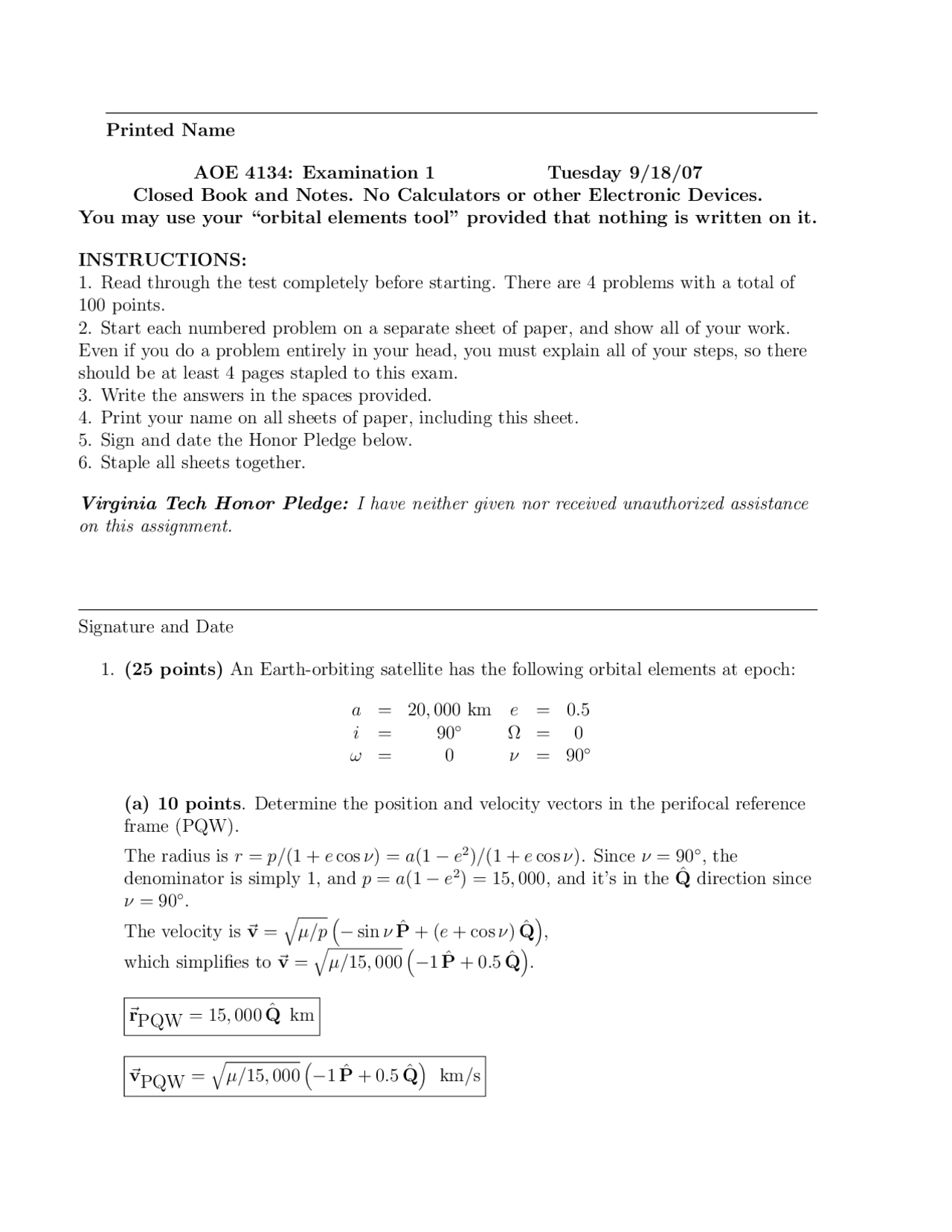 Exam 1 Sample Questions - Astromechanics - Fall 2007 | AOE 4134 - Docsity
