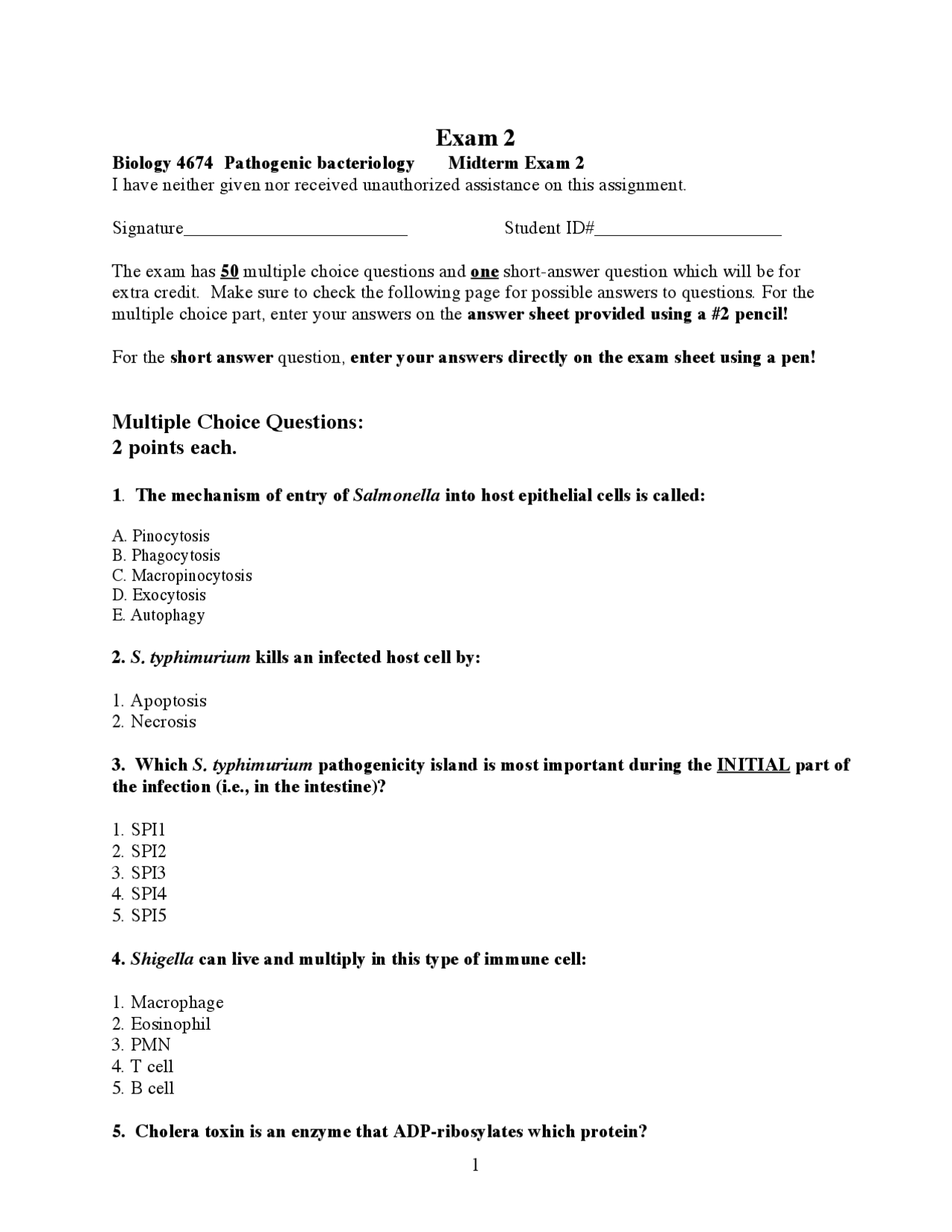 Midterm Exam 2 With Solutions Pathogenic Bacteriology Biol 4674