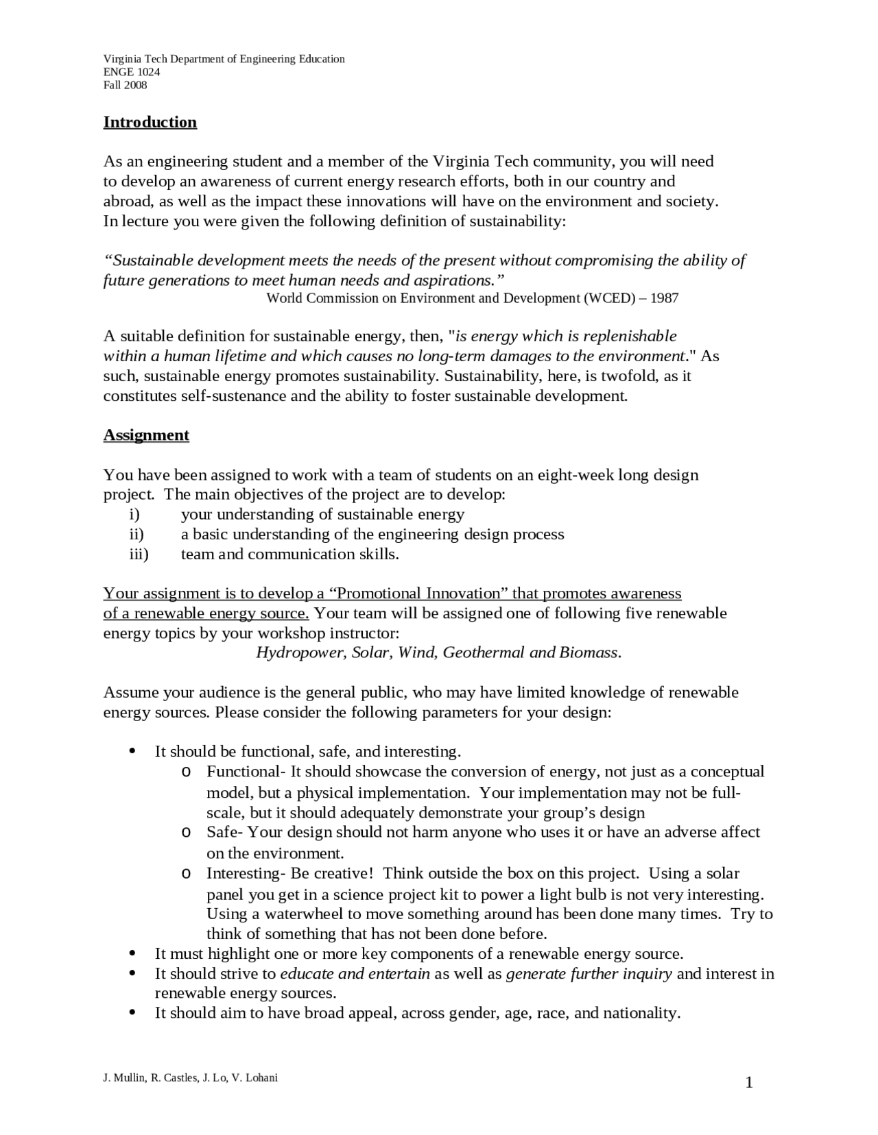 Engineering Exploration Guidelines For The Sustainable Energy Project
