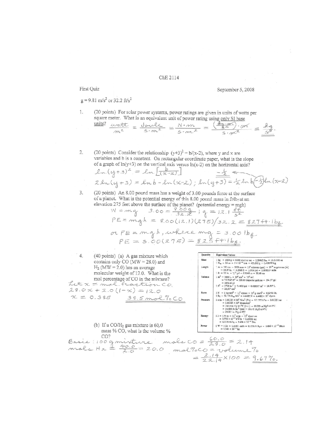 Quiz 1 With Solution Key For Mass And Energy Balances Che 2114 Docsity