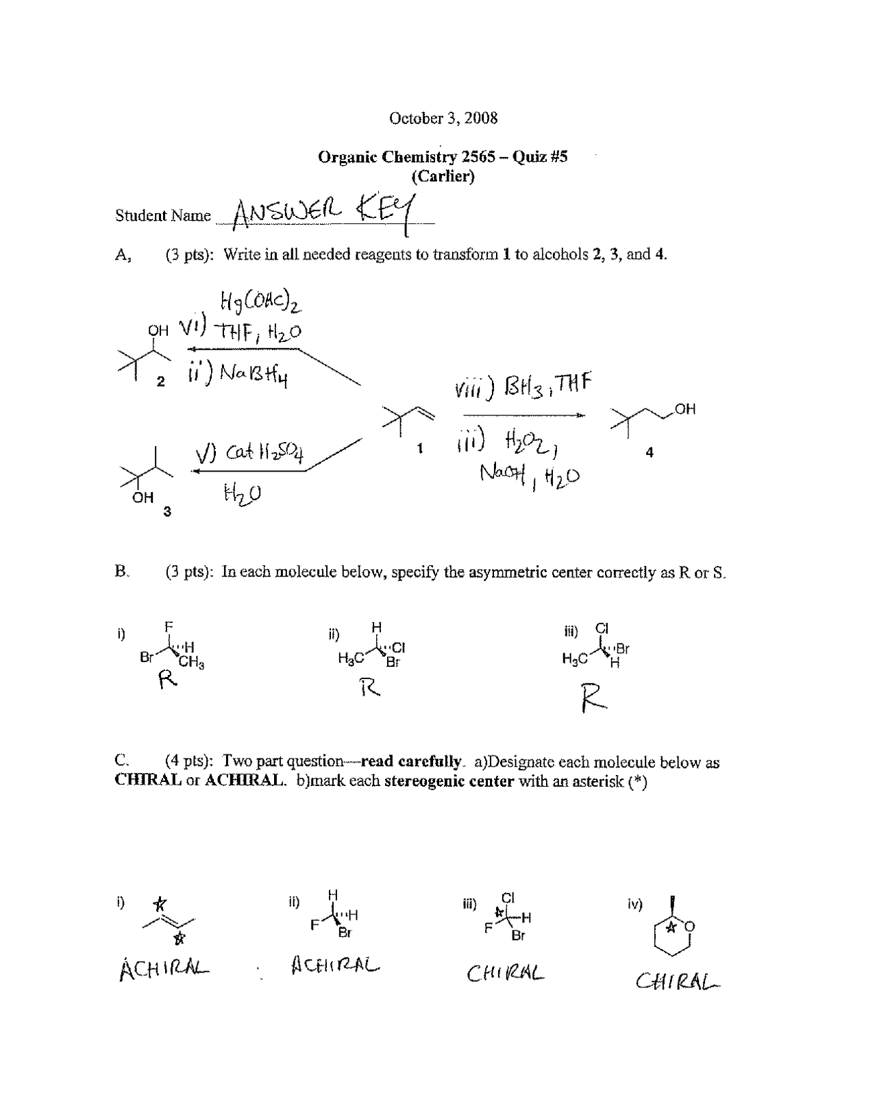 Quiz With Answers From Week 5 Principles Organic Chemistry Chem
