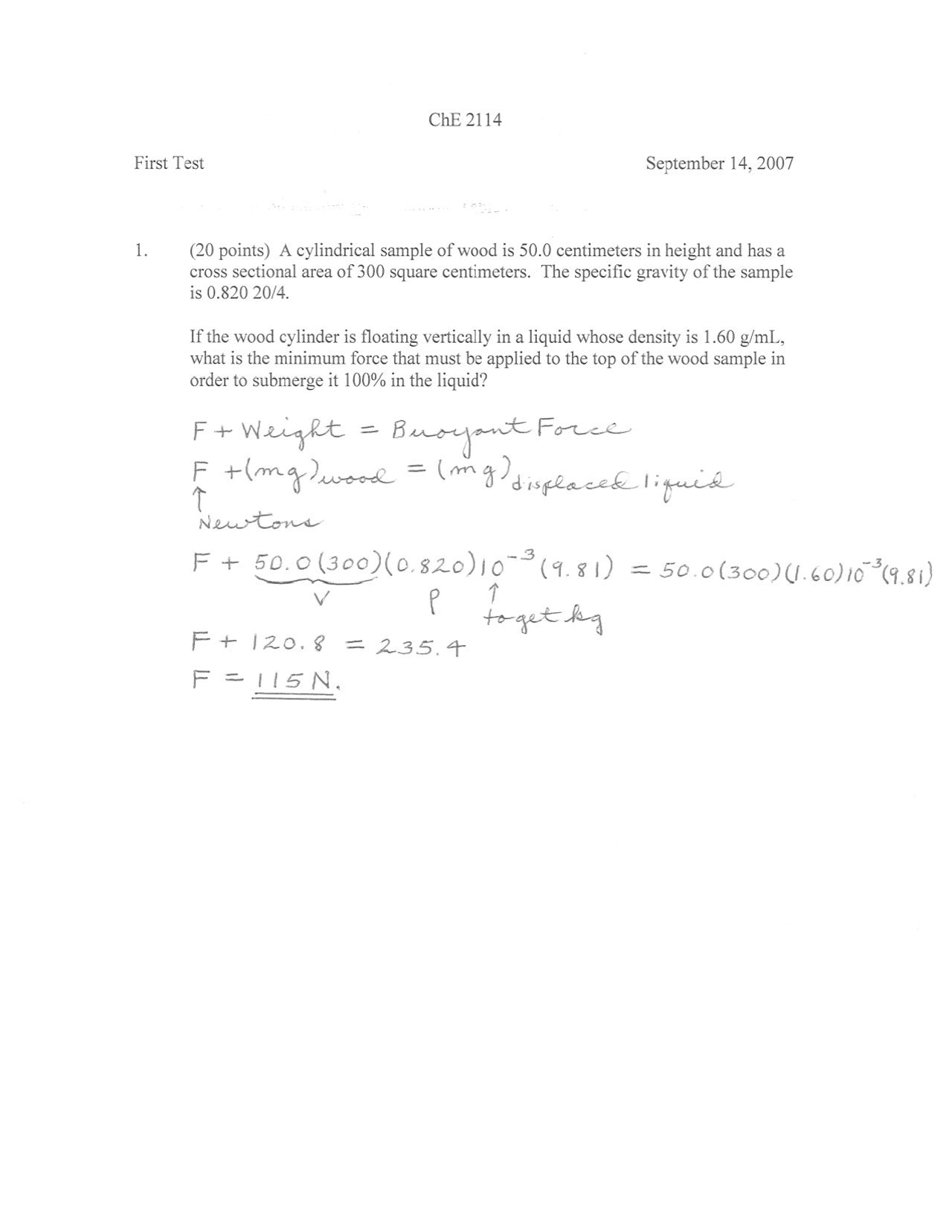 Solved Class Test Mass And Energy Balances Che 2114 Docsity